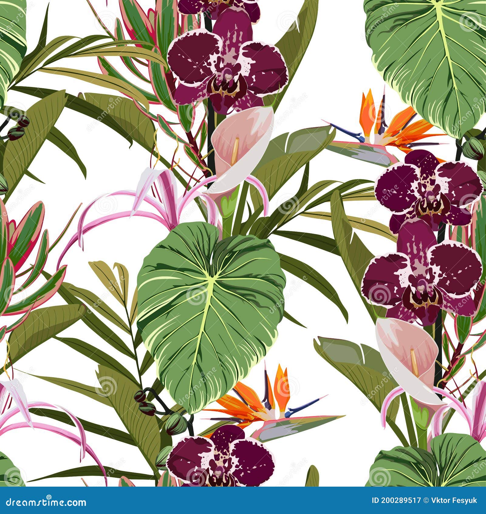Seamless Design Pattern Arranged with Violet Orchid, Strelitzia, Callas ...