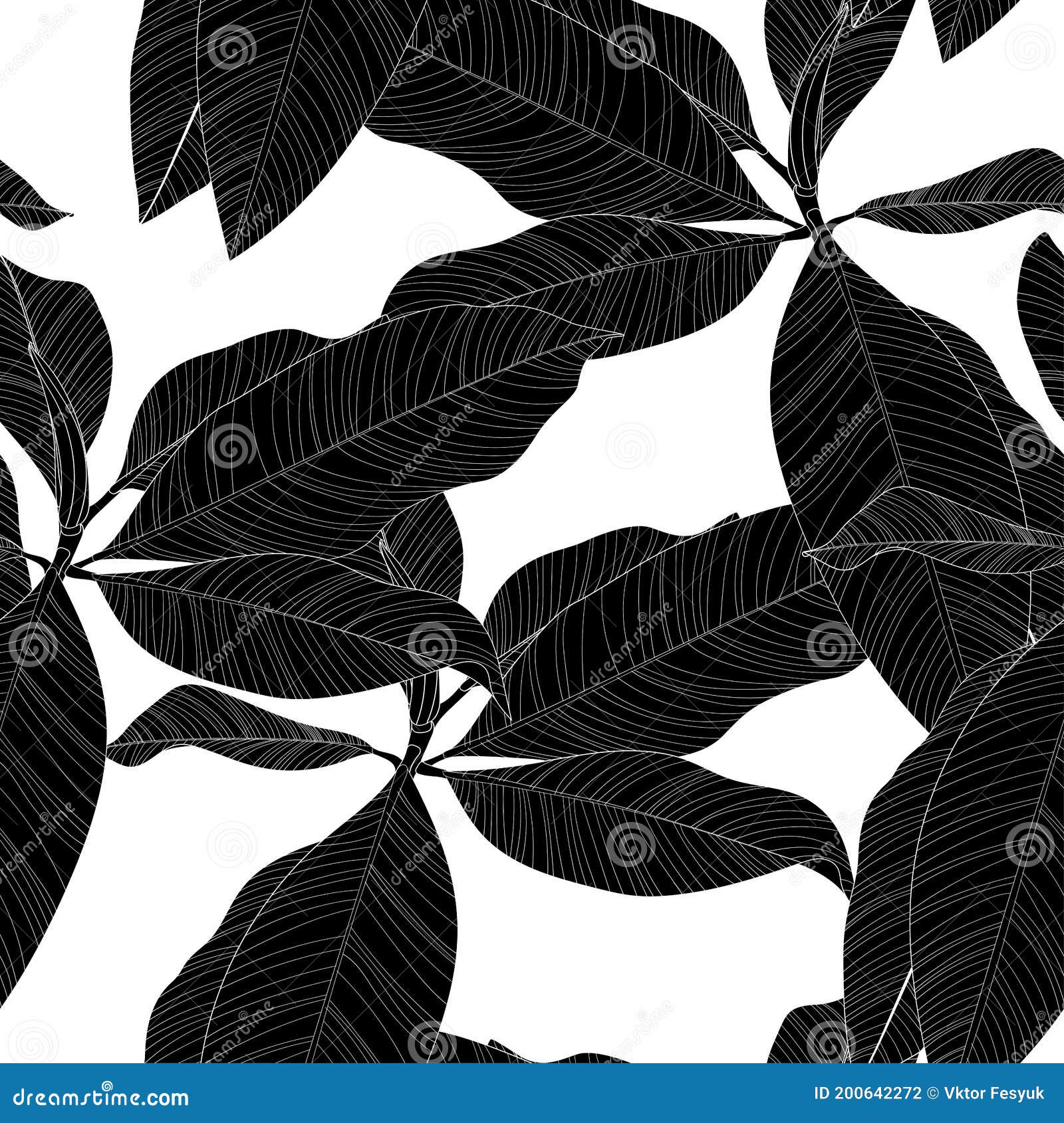Foliage Seamless Pattern, Palm, Ficus Elastica Tree Branch Leaves Line ...