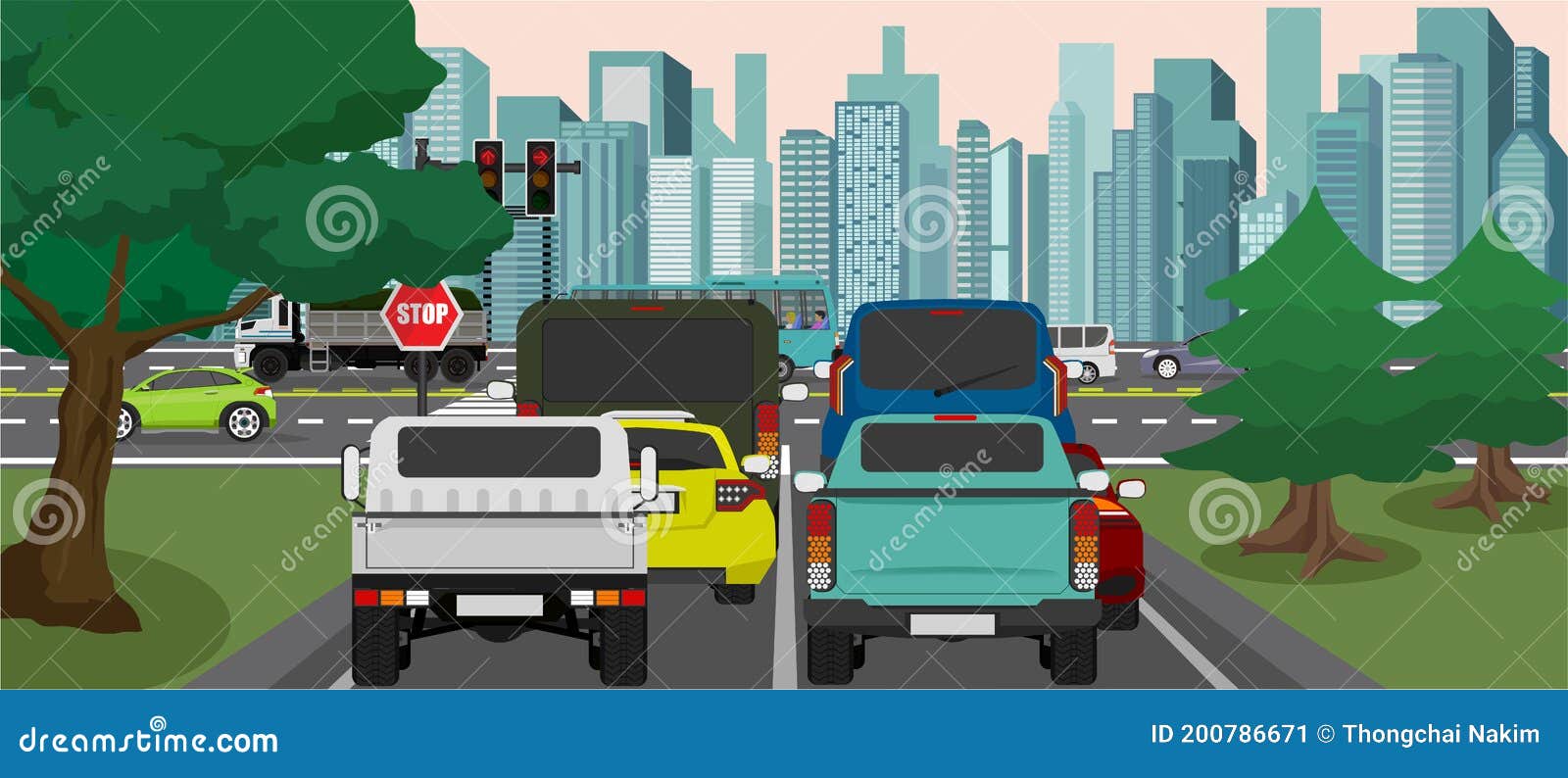 Many Cars Parked And Queue Next To A Traffic Signal At The Intersection ...