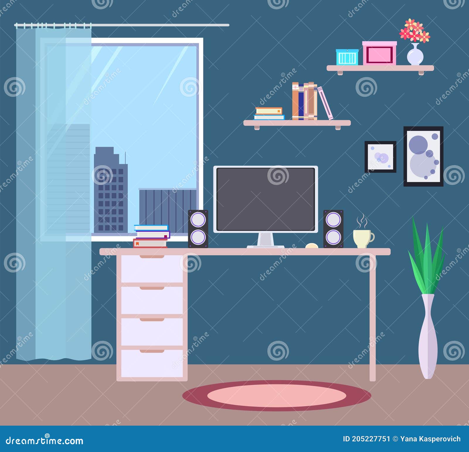 Flat Interior Illustration. Home Work Space. Computer on Table, Books ...