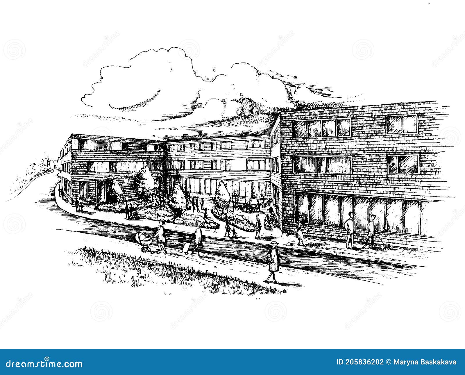 Vector Architecture Modern Building with People and Sky on Background ...