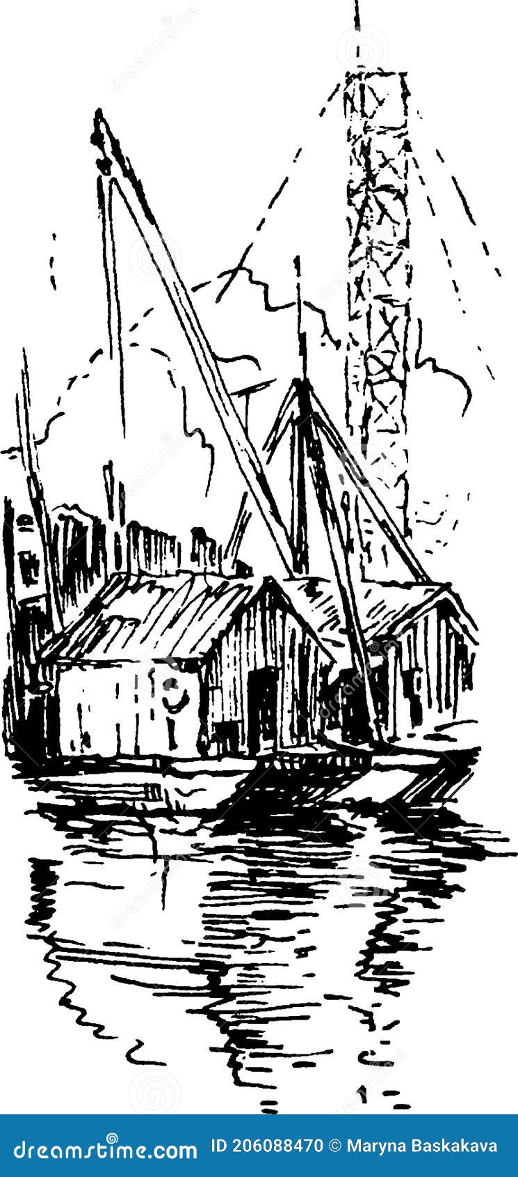 Vector Sketchy Illustration Boat Dock Stock Illustration - Illustration ...