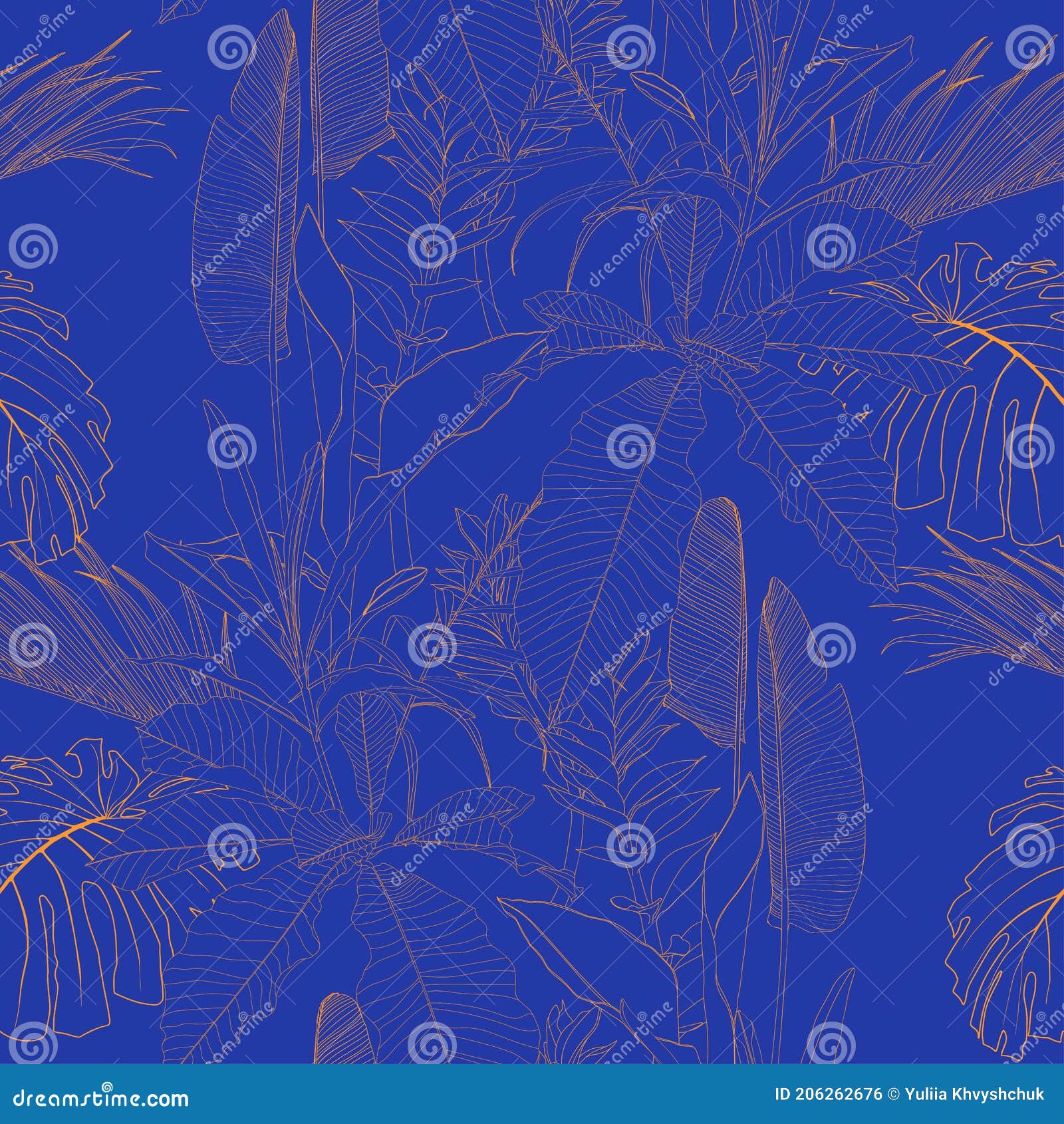 Elegant Seamless Patternline with Blue Orange Hand Drawn Line Tropical ...