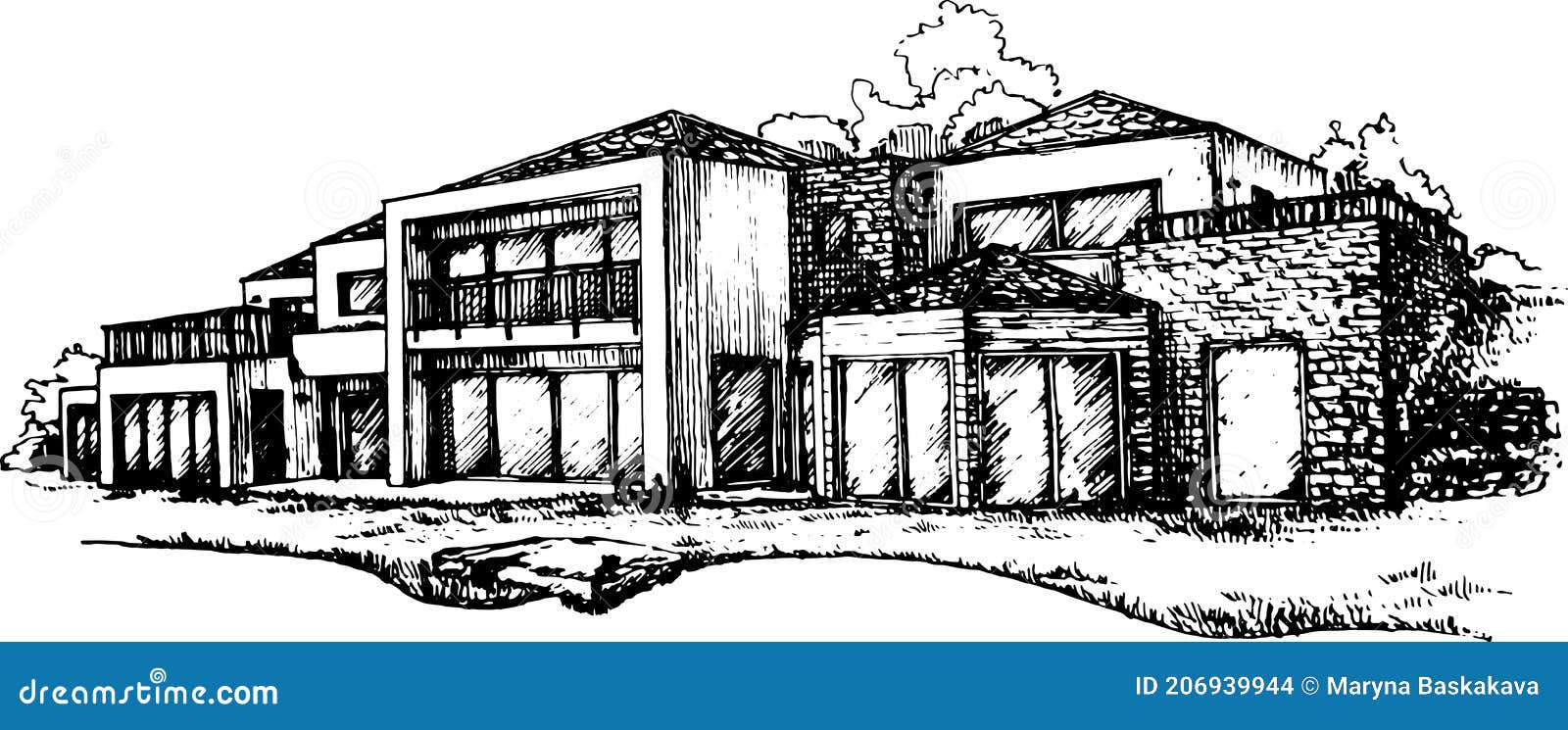 Modern Two-story Residential House Perspective Sketchy Image. Concept ...