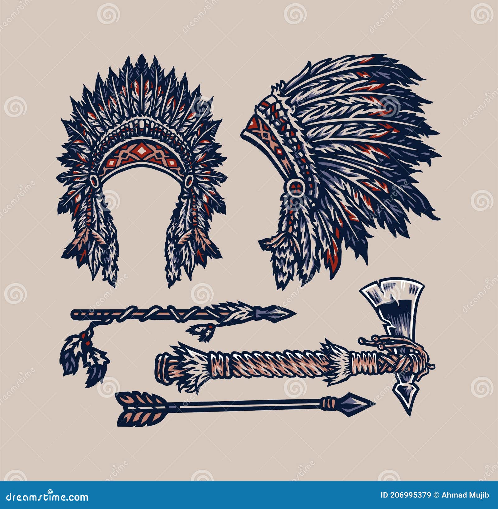 Native American Elements, Hand Drawn Line Style with Digital Color ...