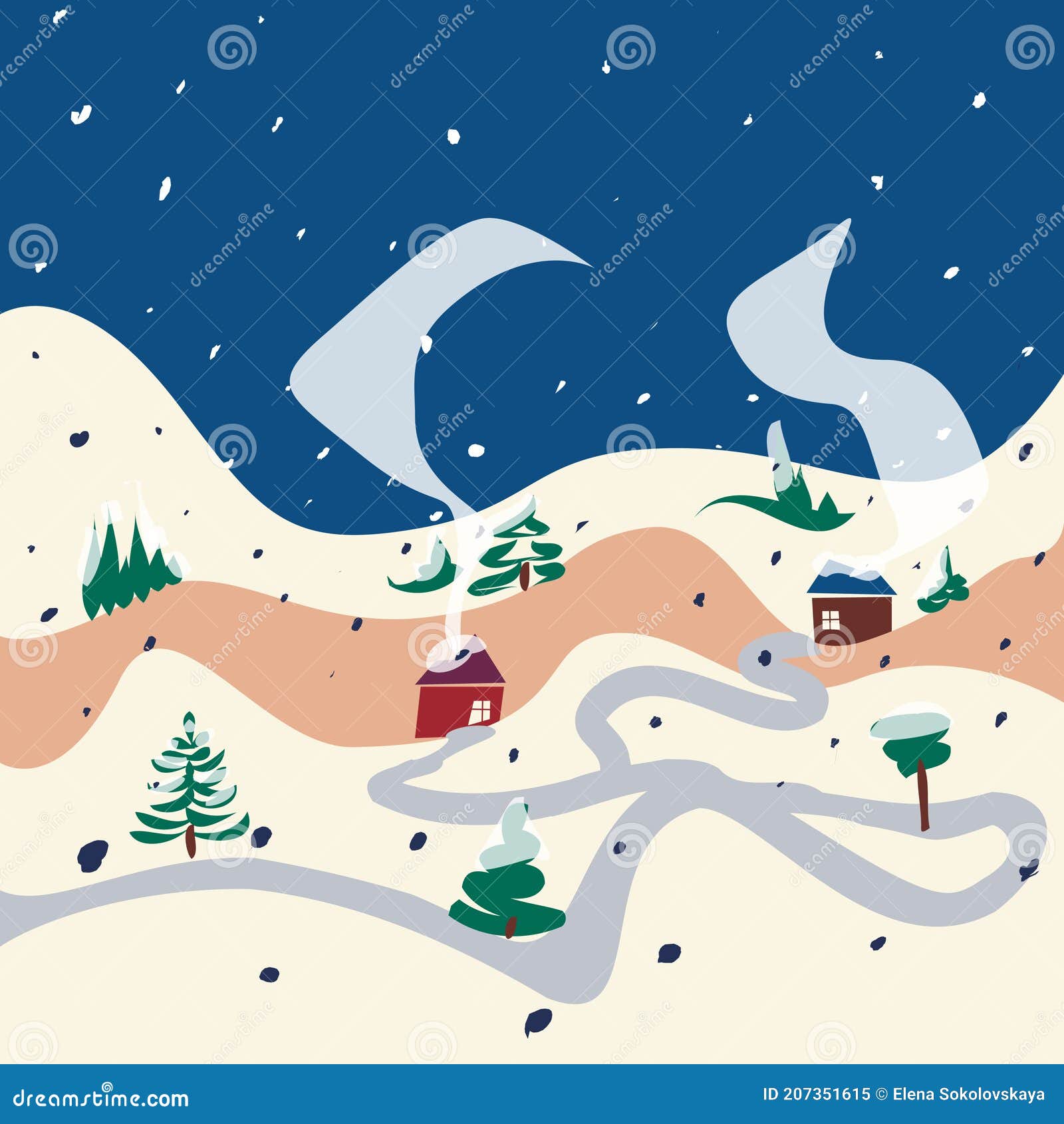 Winter Snow Hills House Street Nature Landscape Vector Illustration ...