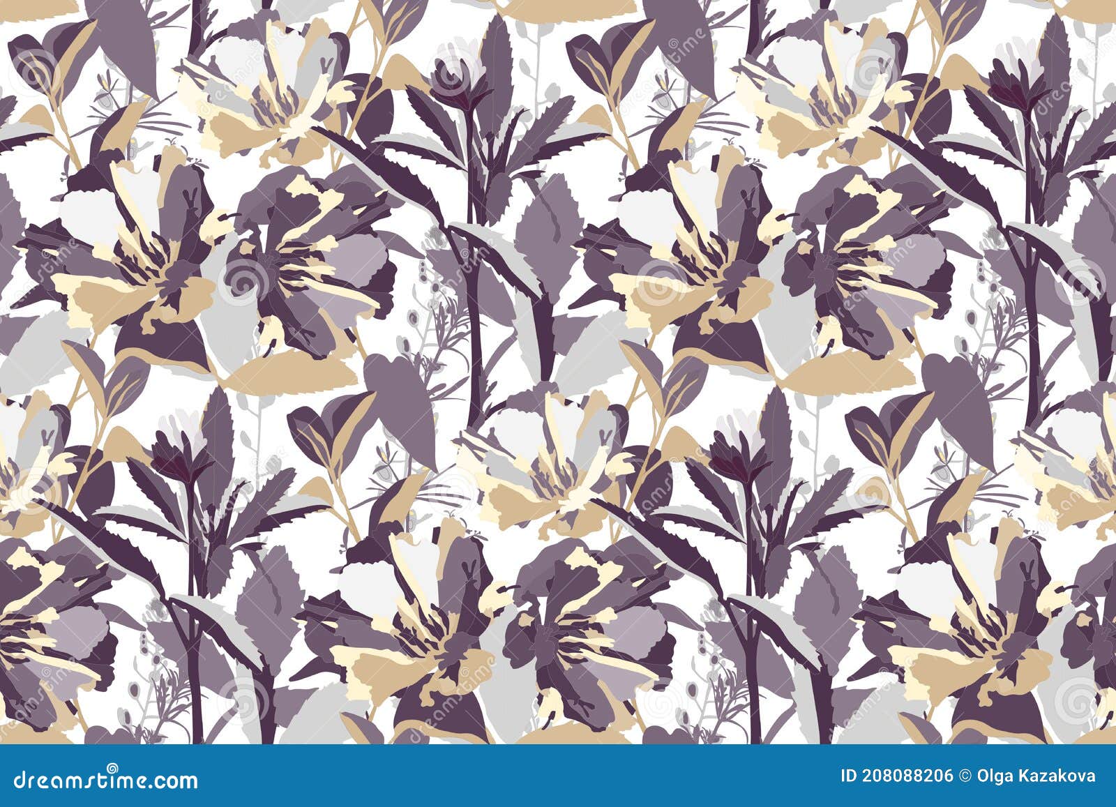 Vector Floral Seamless Pattern. Beige, Grey, Purple Flowers and Leaves ...
