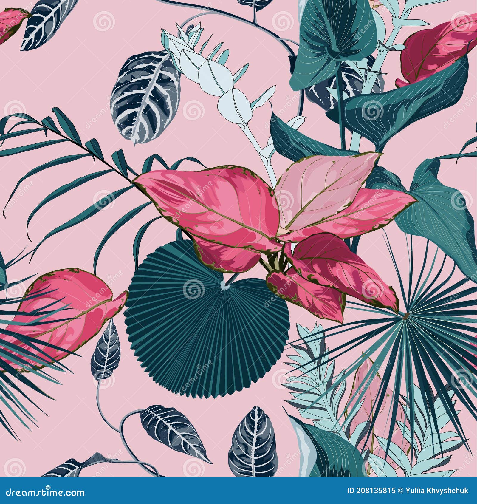 Fashionable Seamless Tropical Pattern with Tropical Blue Pink Leaves on ...