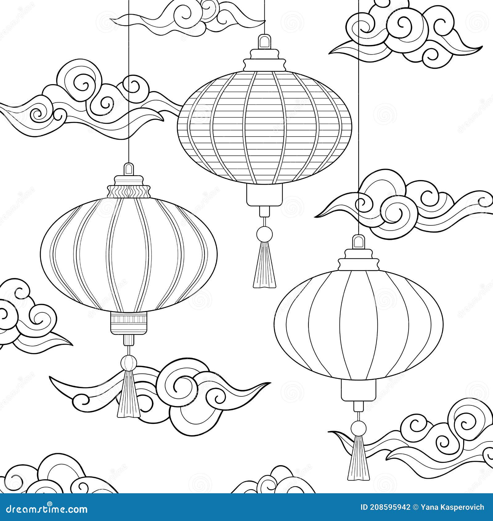 Line Drawn Asian Lanterns with Simple Geometric Patterns, Decorative ...