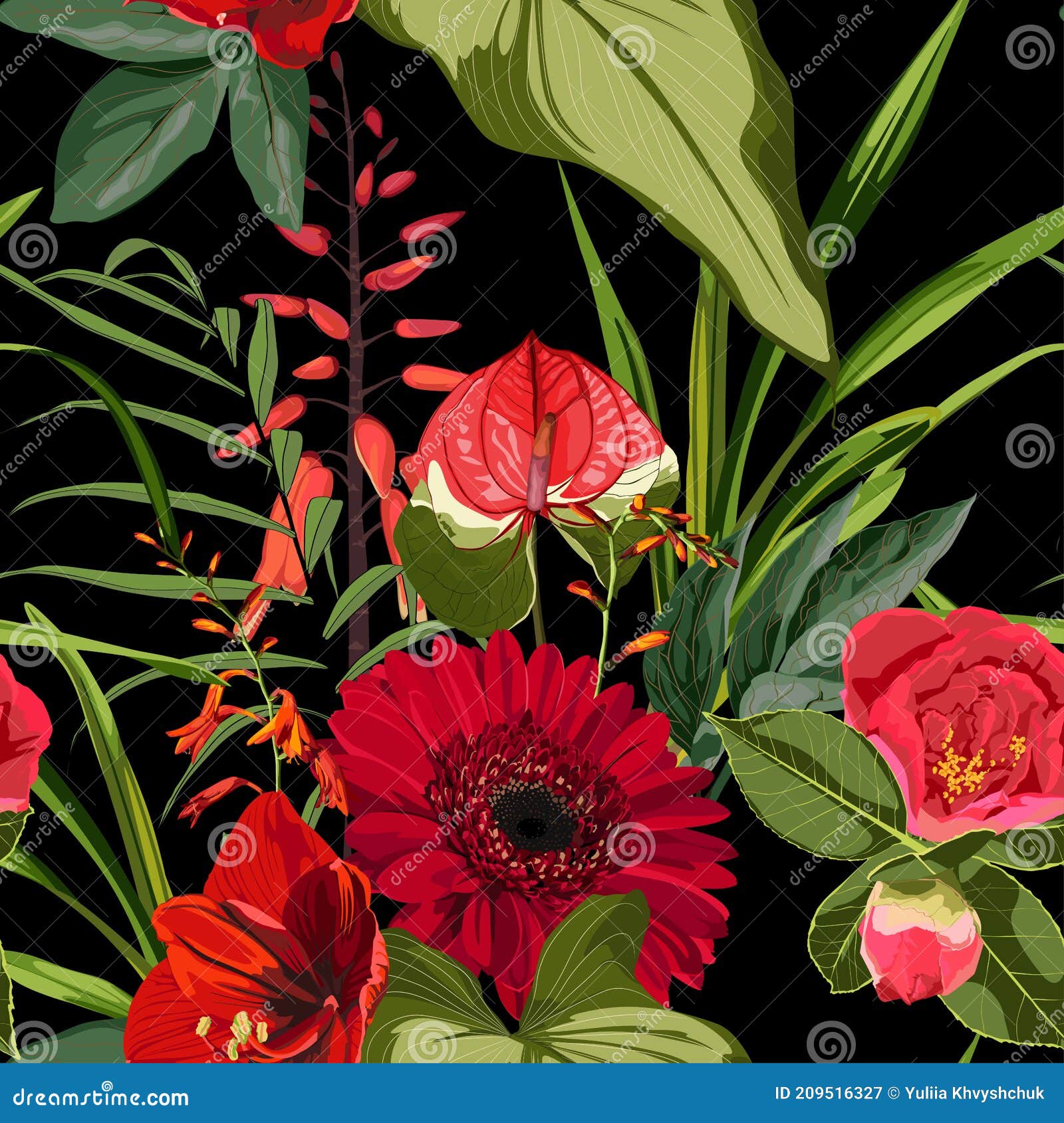 Exotic Red Flowers Pattern. Many Kind of Exotic Red Tropical Flowers ...