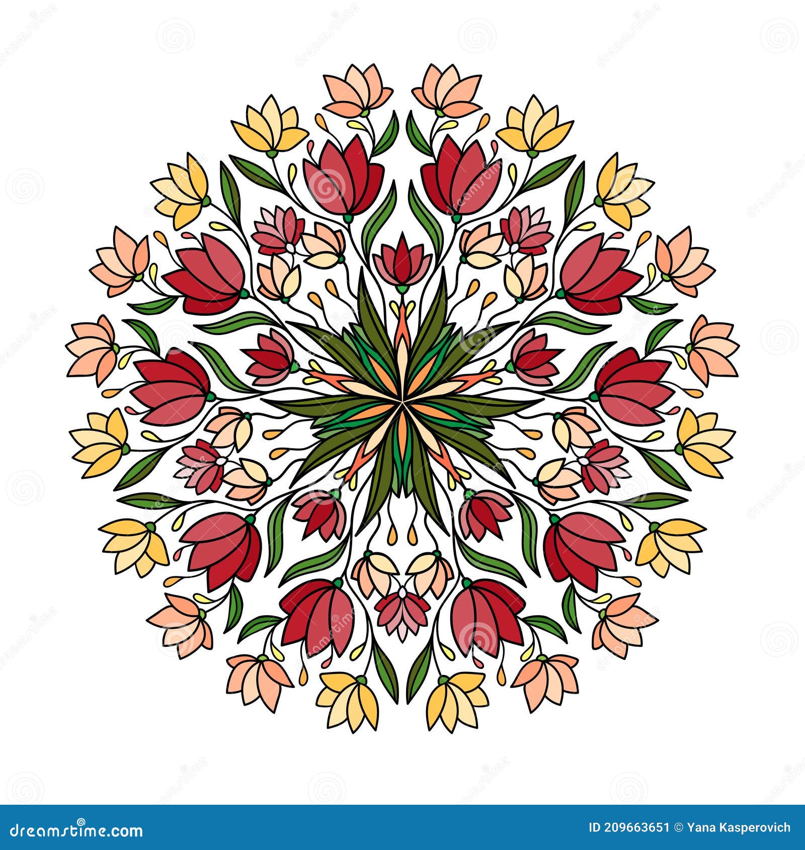 Beautiful Floral Mandala with Red Tulips, Yellow Lotus, Leaves, Small ...