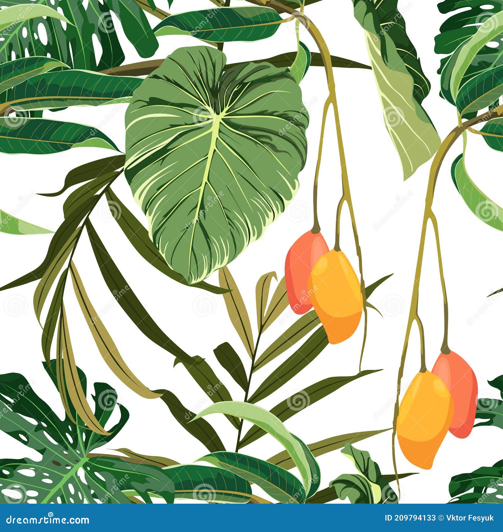 Seamless Pattern, Background with Mango and Tropical Leaves on White ...