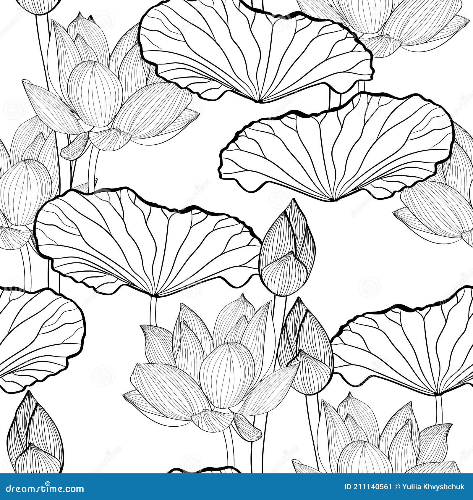 Linear Pattern - Lotus Flower. Lotus Flowers Pattern. Monotone with ...