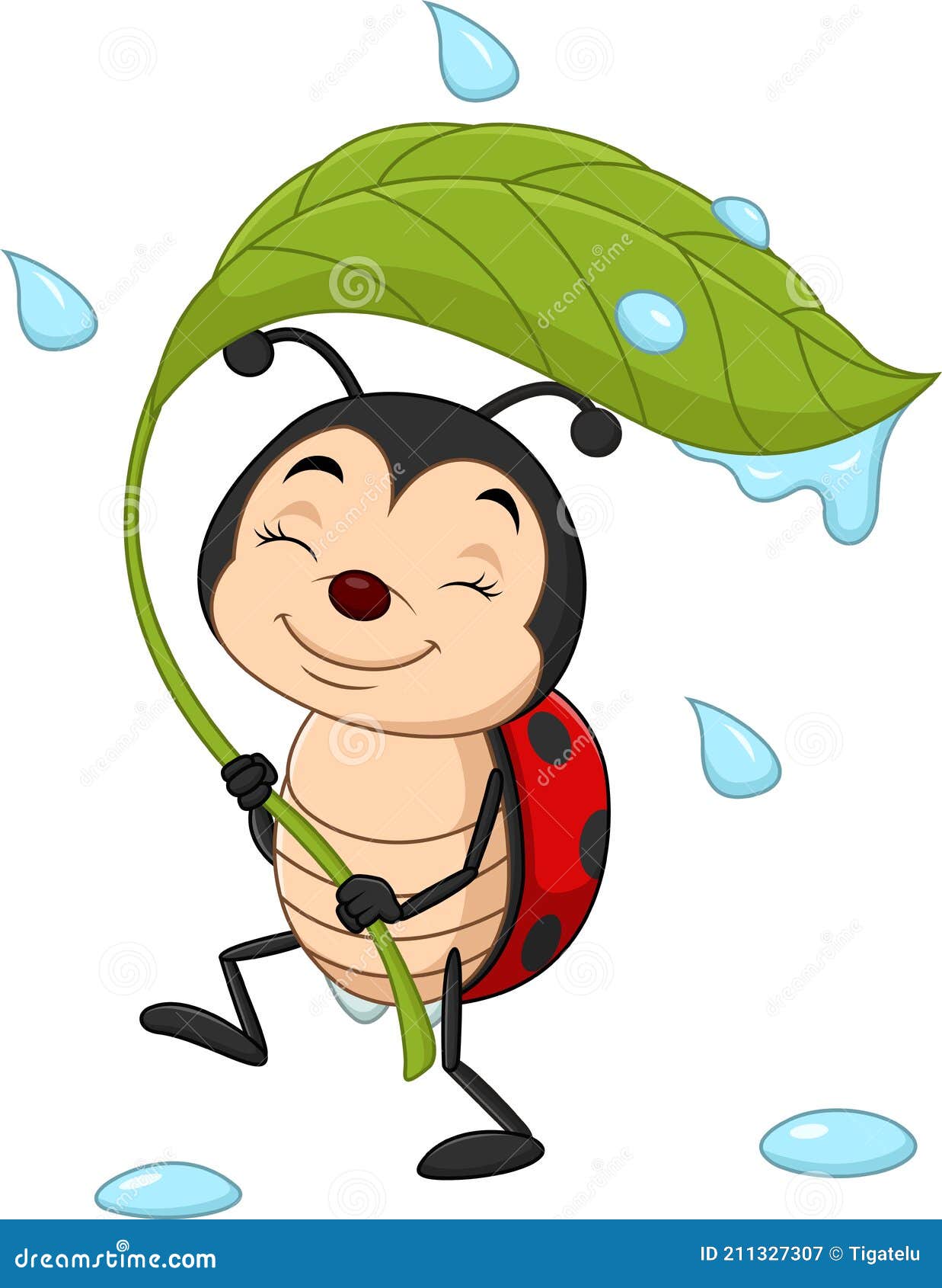 Cartoon Ladybug Holding a Green Leaf Stock Vector - Illustration of ...