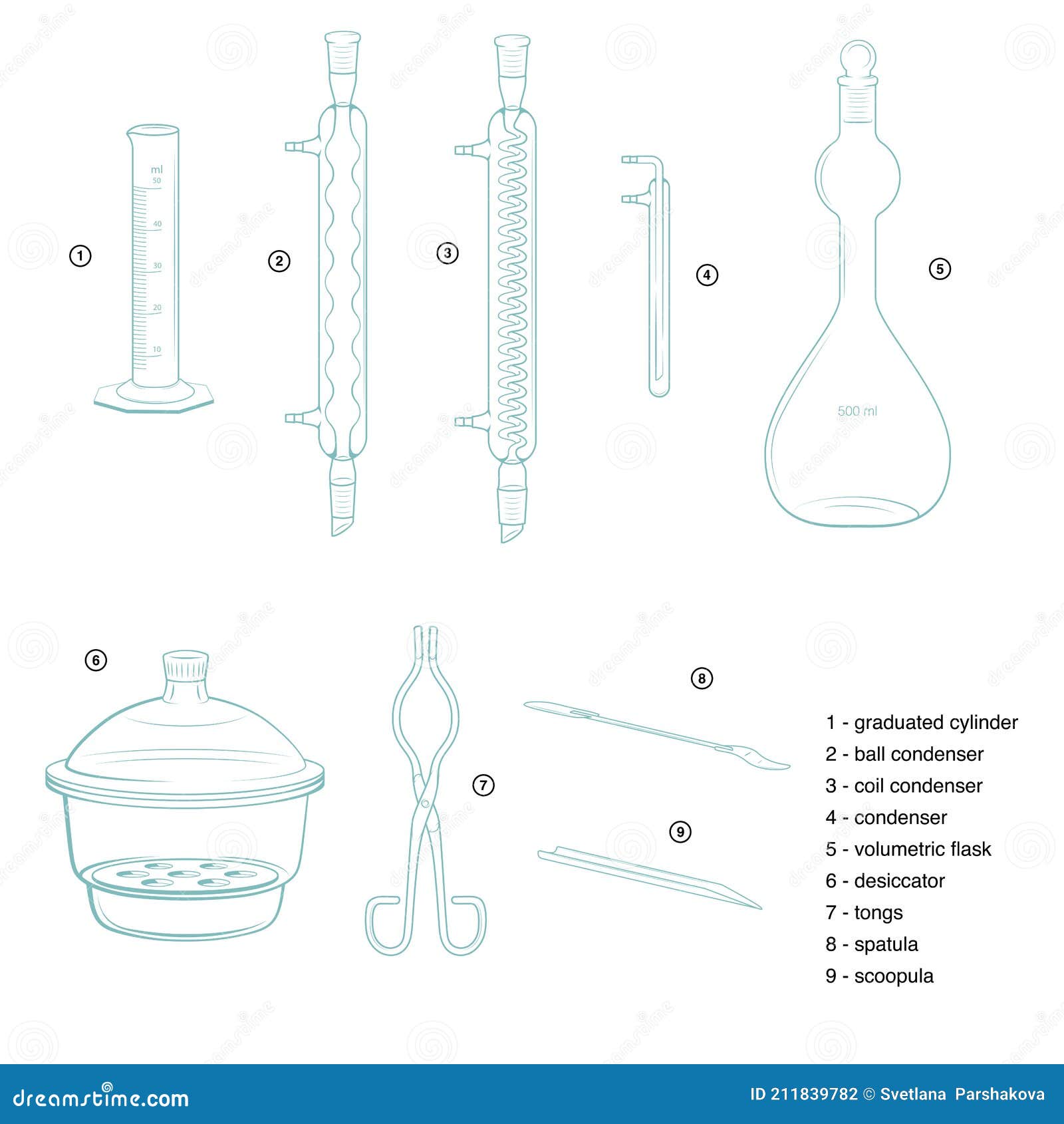 Set of chemical glassware. stock vector. Illustration of tongs - 211839782