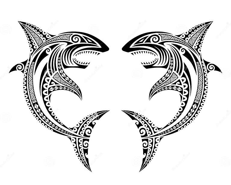 Sharks Attack Fish Illustration Maori Polynesian Tattoo Style. Stock ...