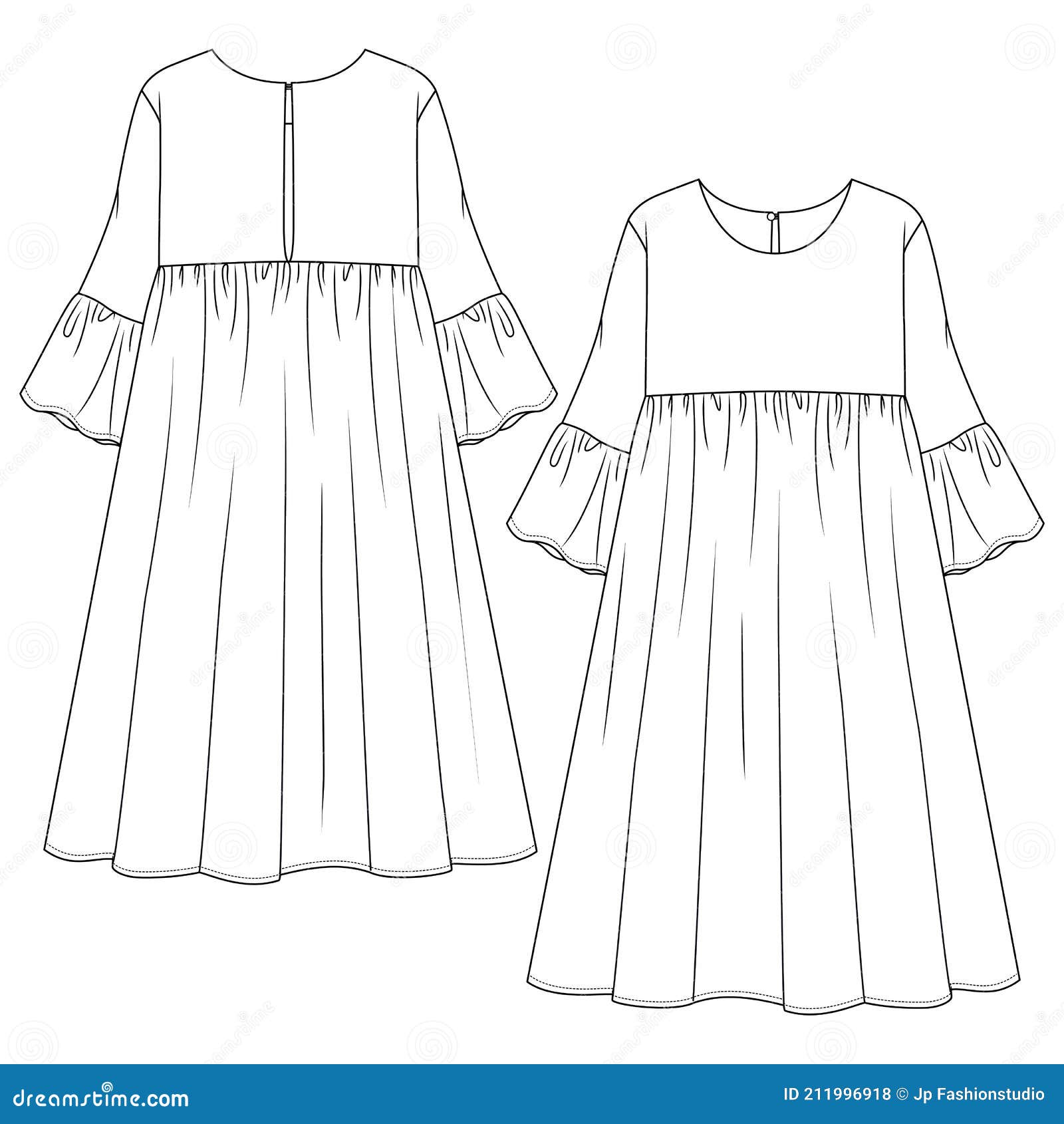 Women Long Dress Fashion Flat Sketch Template. Technical Fashion ...