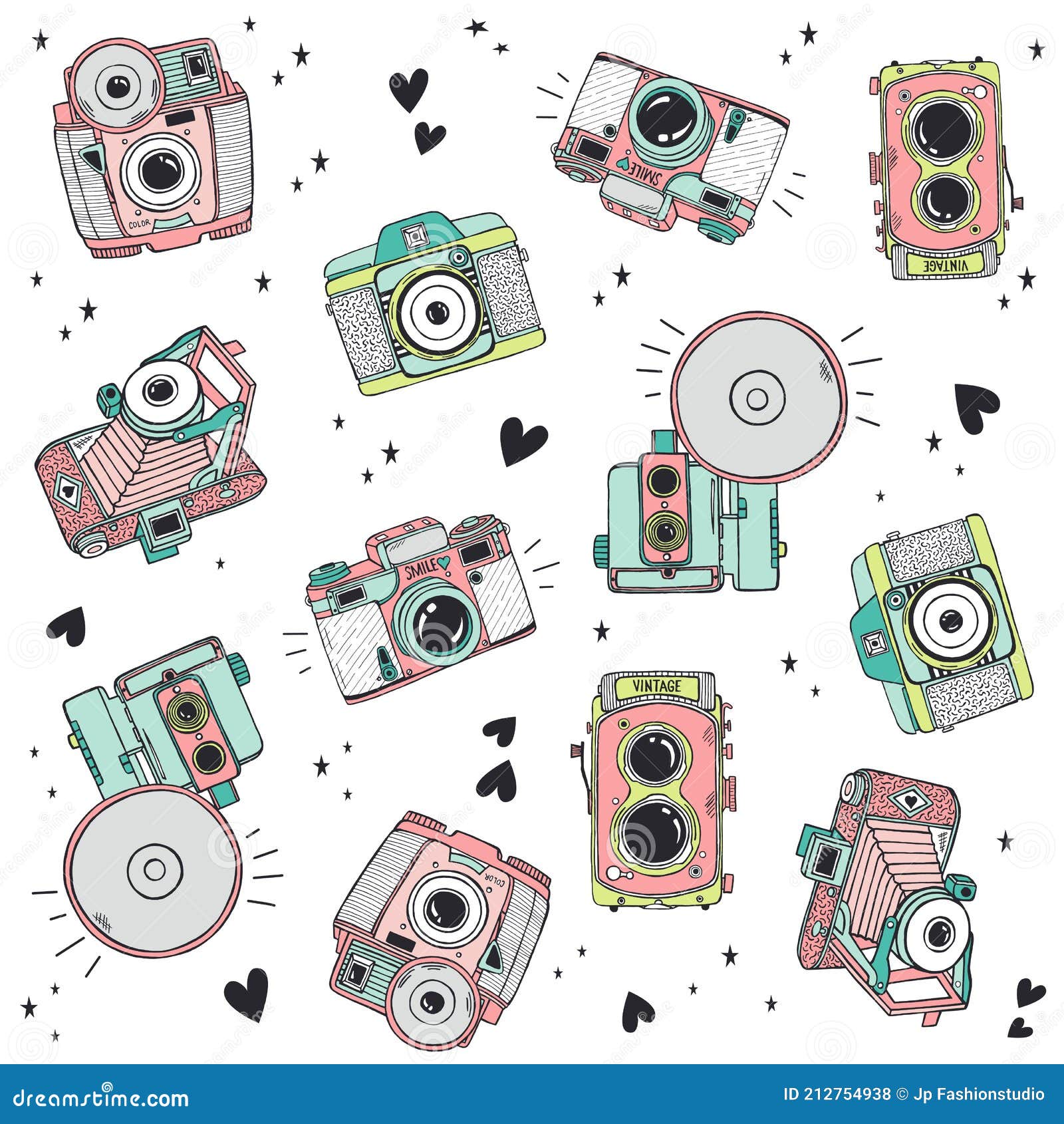 Cute Seamless Pattern Hand Drawn Antique Cameras Illustration in Vector ...