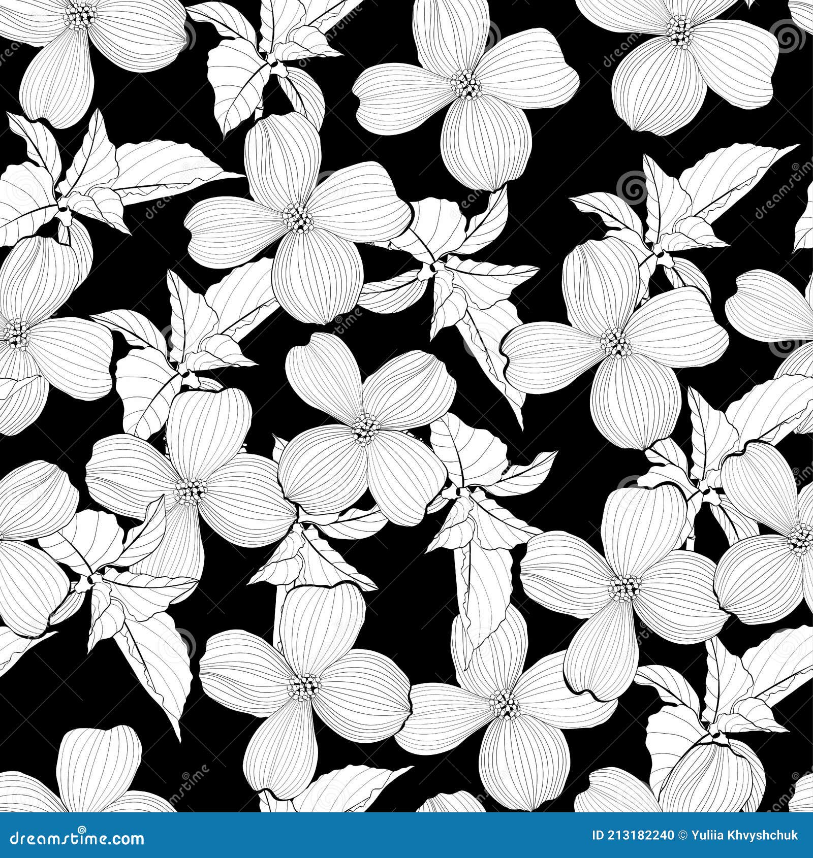 Dogwood Branch With Golden Line Flowers Seamless Pattern. Cornus ...