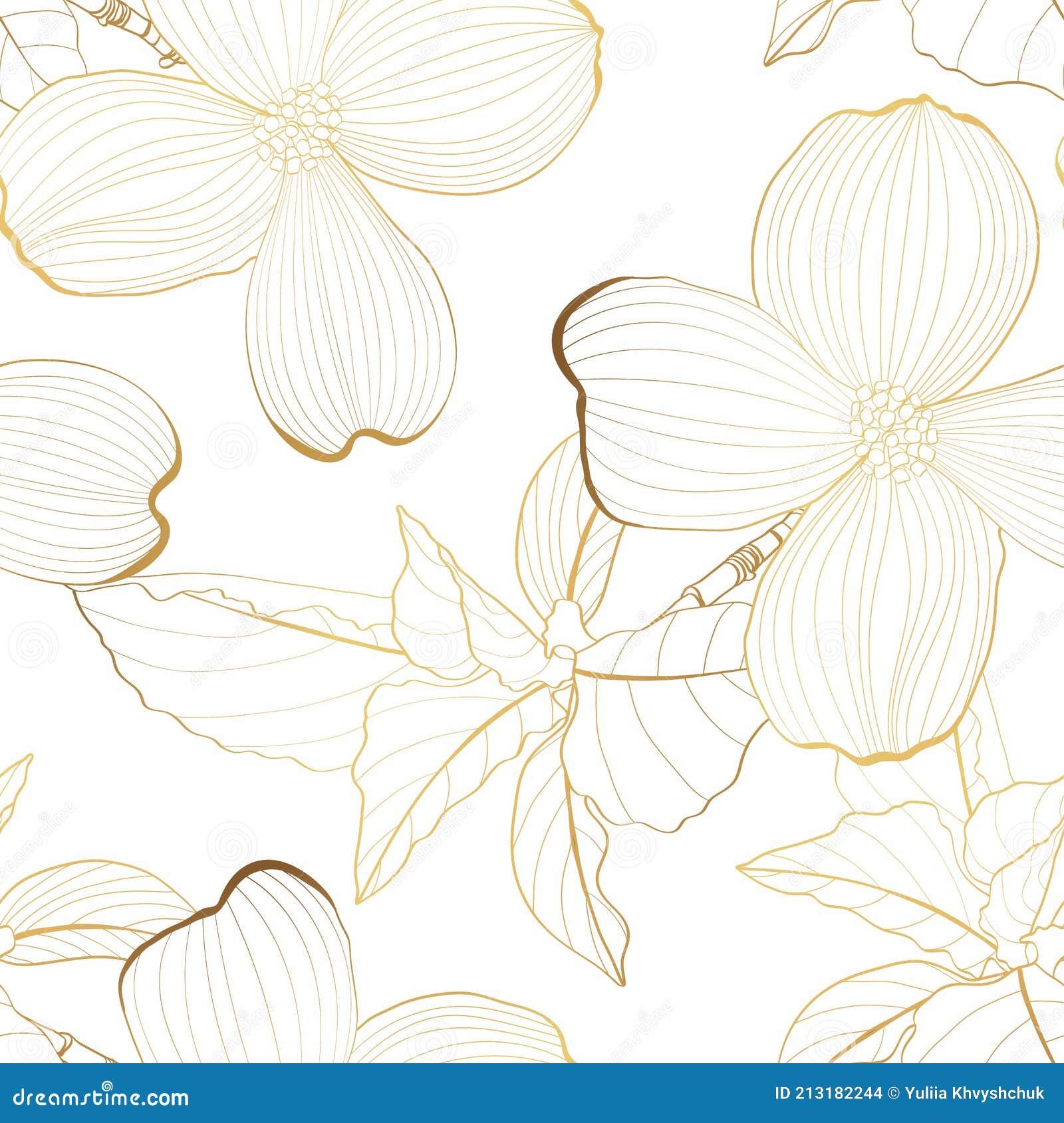 Dogwood Branch With Golden Line Flowers Seamless Pattern. Cornus ...