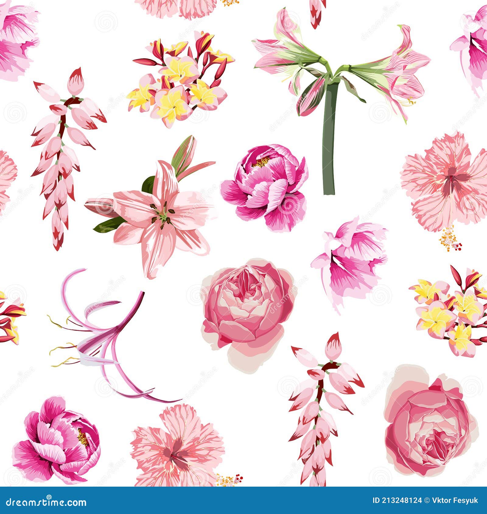 Seamless Pattern: Many Kind of Pink Exotic Flowers. Hand Drawn ...