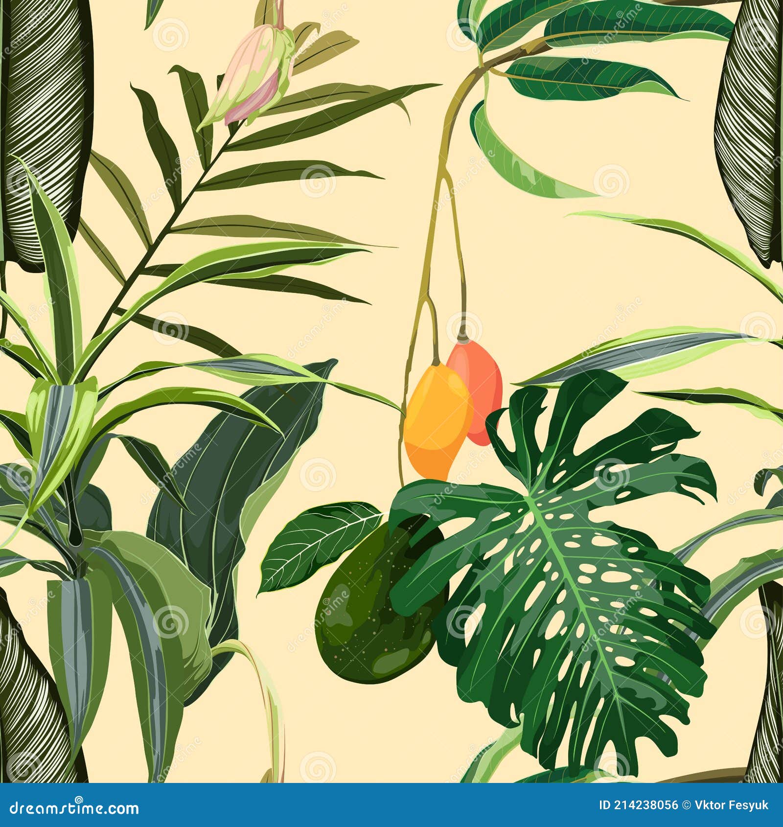 Seamless Pattern, Background with Mango and Tropical Leaves on Vintage ...