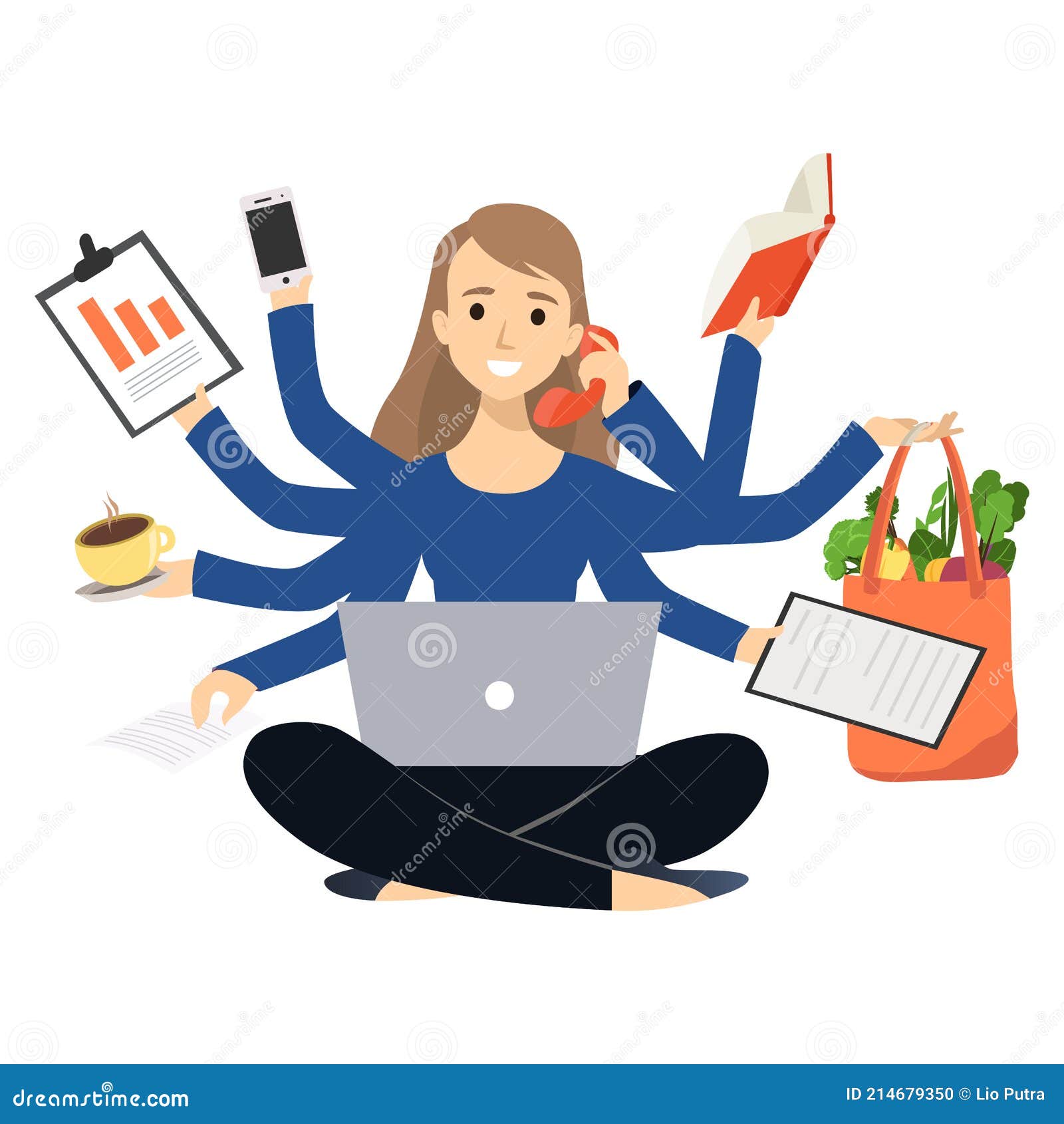 Multitasking. Busy Woman with Many Arms Doing Many Tasks Stock Vector ...