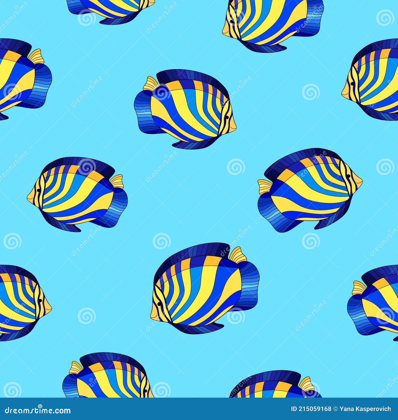 Hand Drawn Decorative Tropical Fishes with Blue and Yellow Stripes on ...