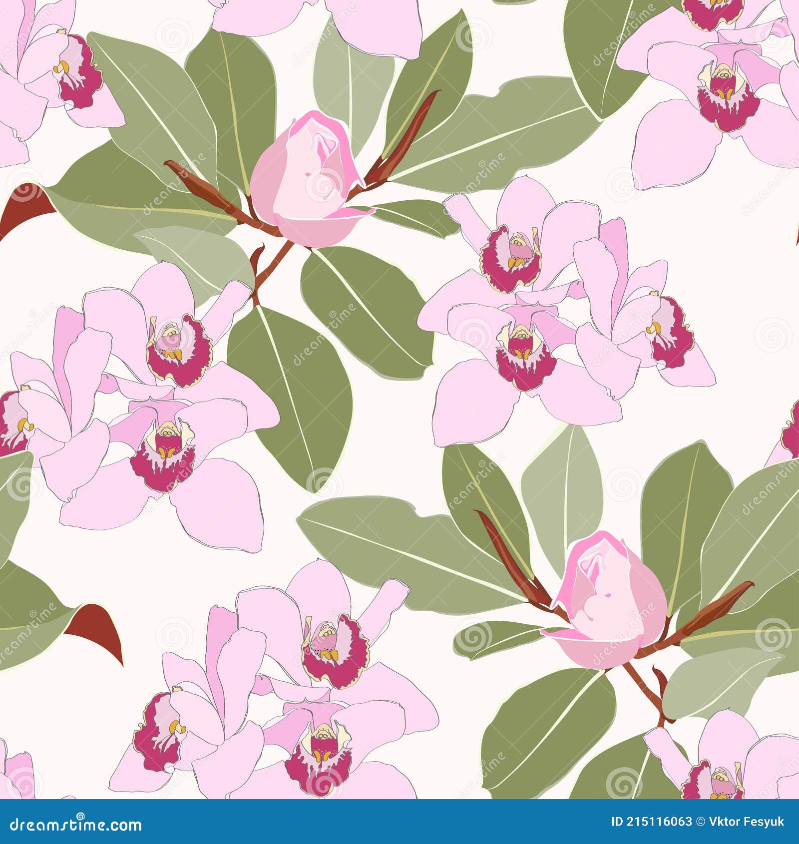 Floral Seamless Pattern, Pink Anise Magnolia, Orchids Flowers and ...
