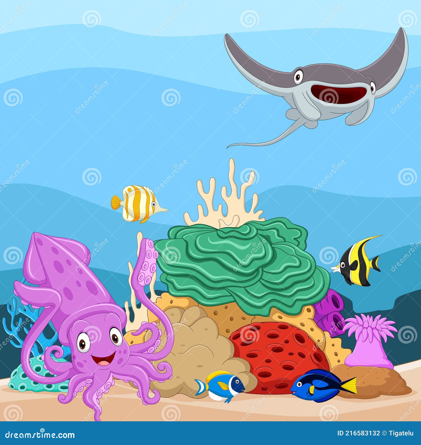 Cartoon Tropical Fish and Beautiful Underwater World with Corals Stock ...