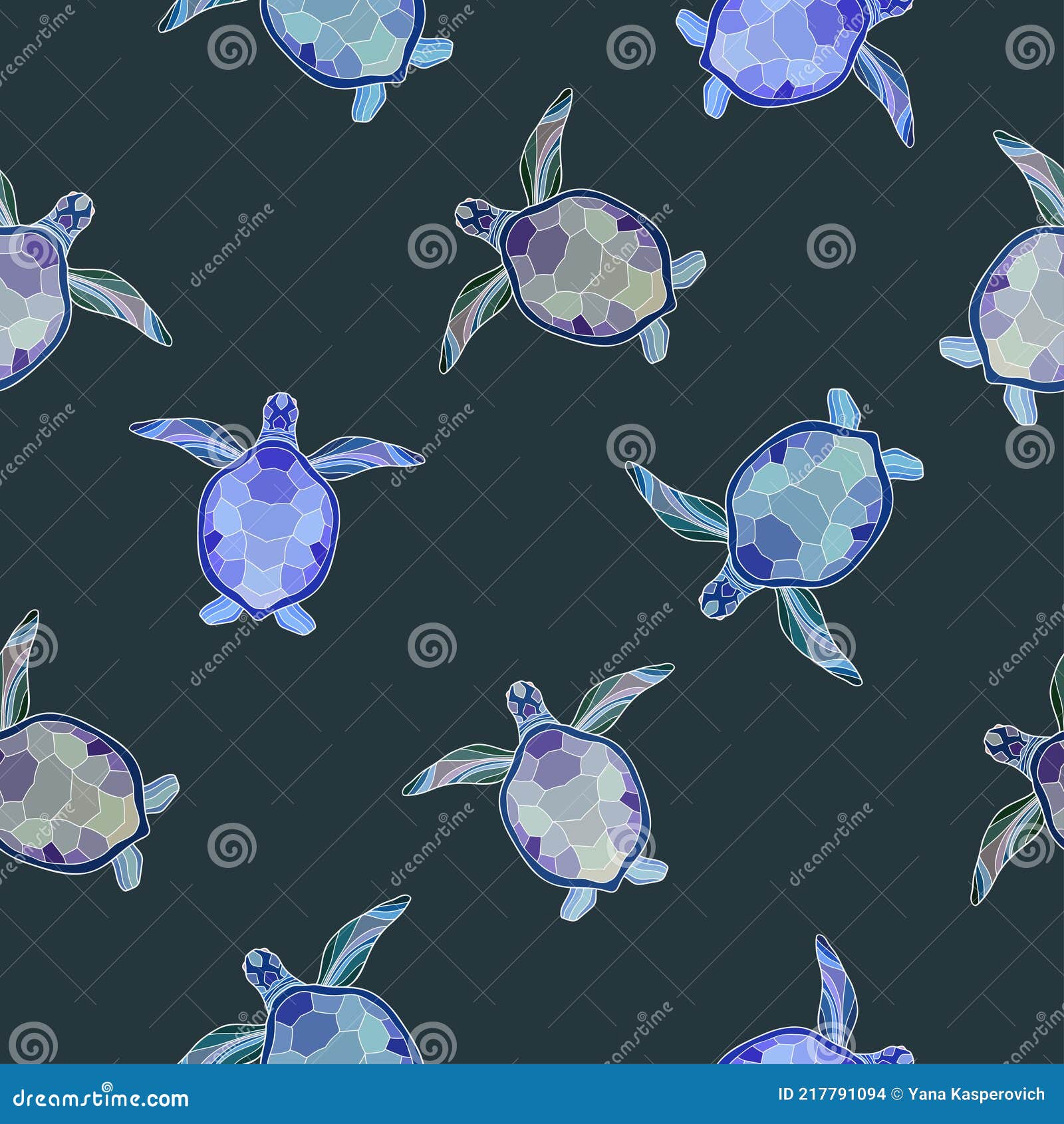 Hand Drawn Blue and Purple Cute Turtles on Dark Green Background ...