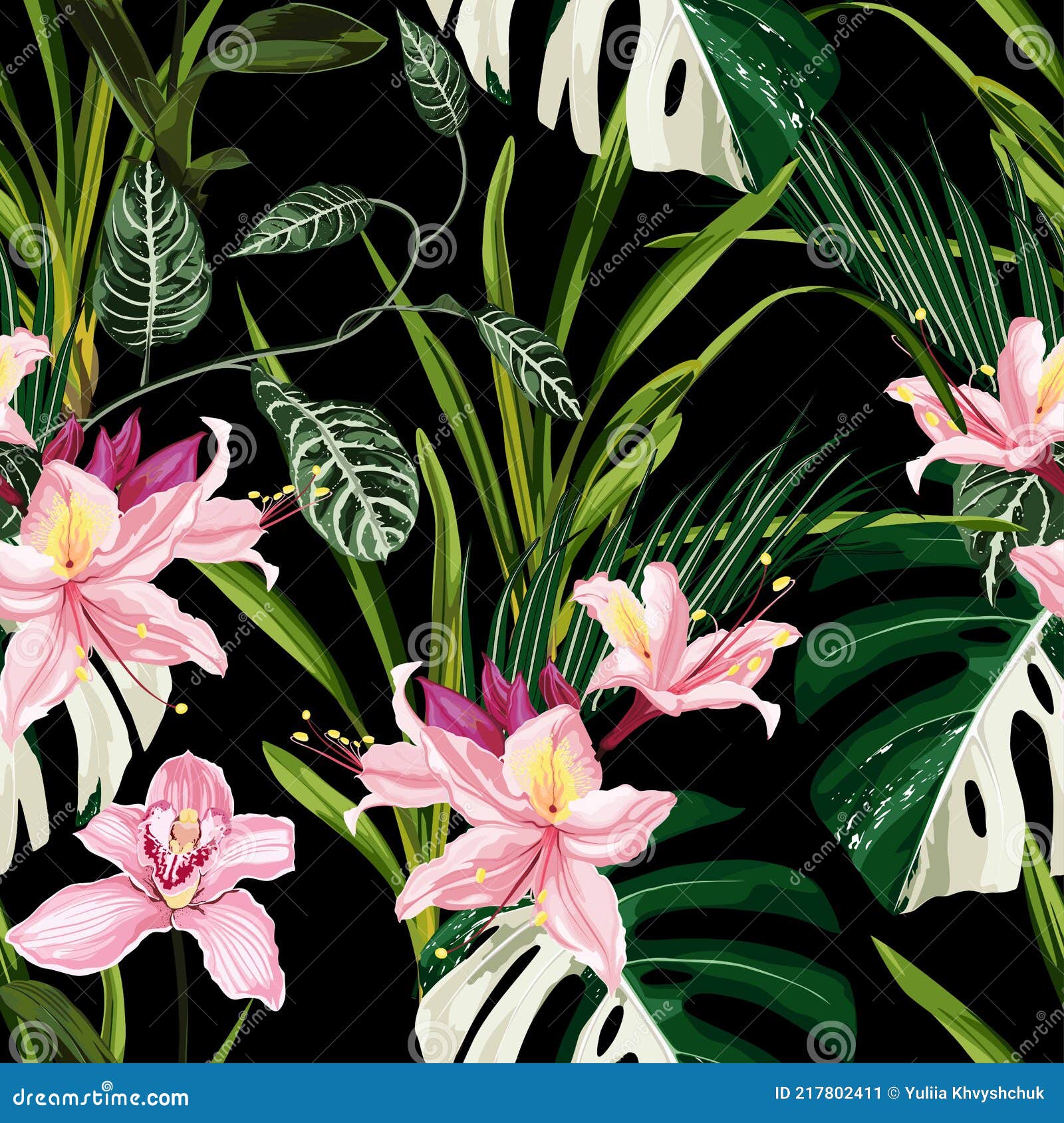 Exotic Flowers Seamless Pattern. Tropical Pink Flowers and Palm Leaves ...