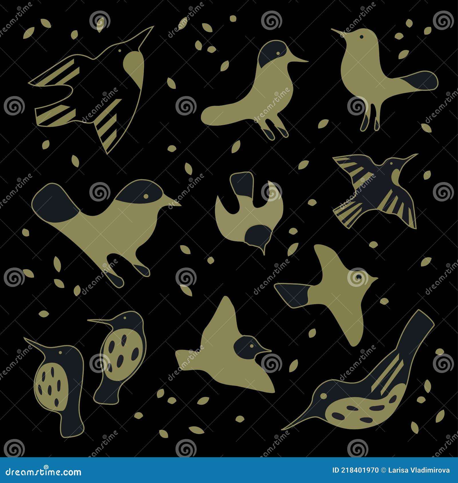 Different Birds with Seeds Isolated on Black Background. Stock Vector ...