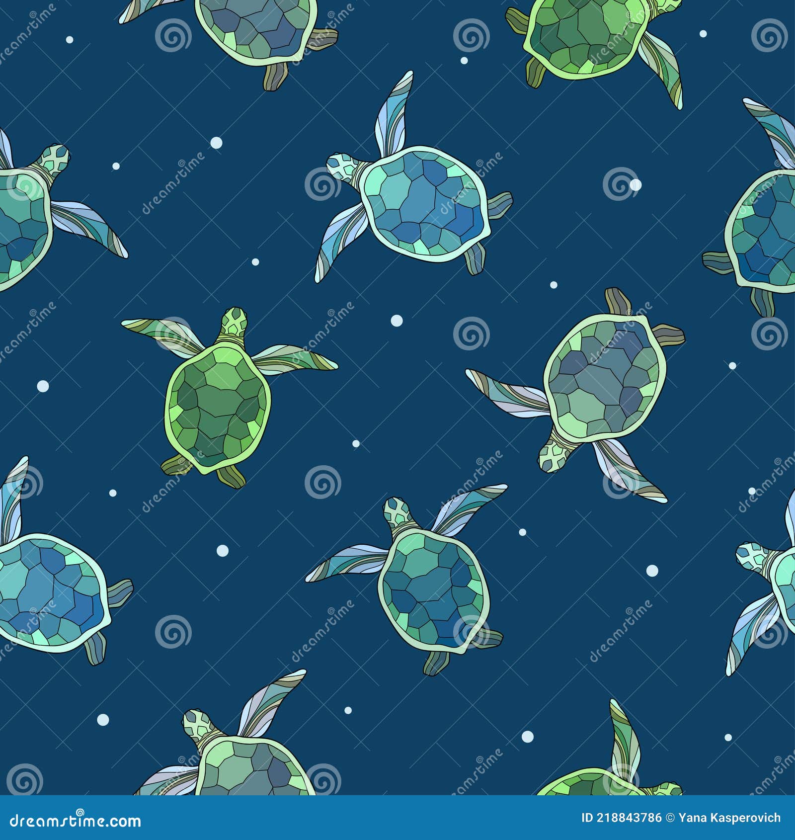 Hand Drawn Blue and Green Little Turtles with White Dots on Blue ...