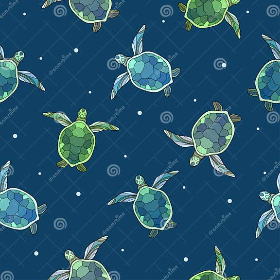 Hand Drawn Blue and Green Little Turtles with White Dots on Blue ...