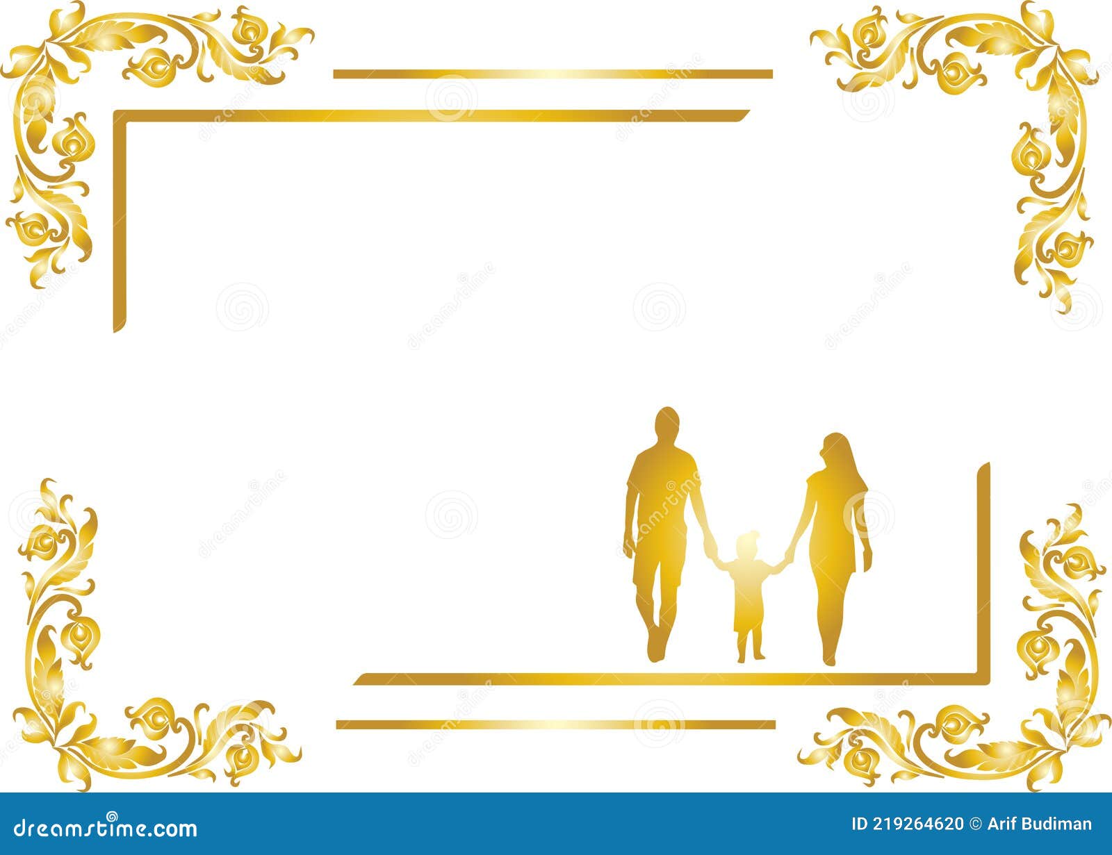 Happy Family Siluet In Floral Frame Art With Golden Lines. Vector Eps10 ...