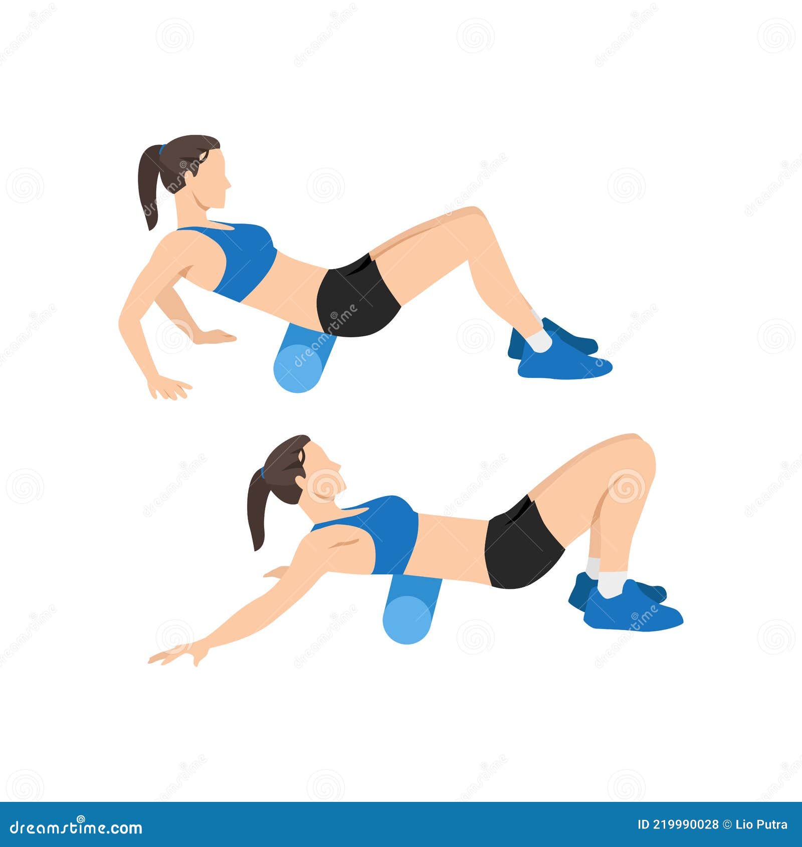 Woman Doing Foam Roller Lower Back Stretch Exercise. Stock Vector ...