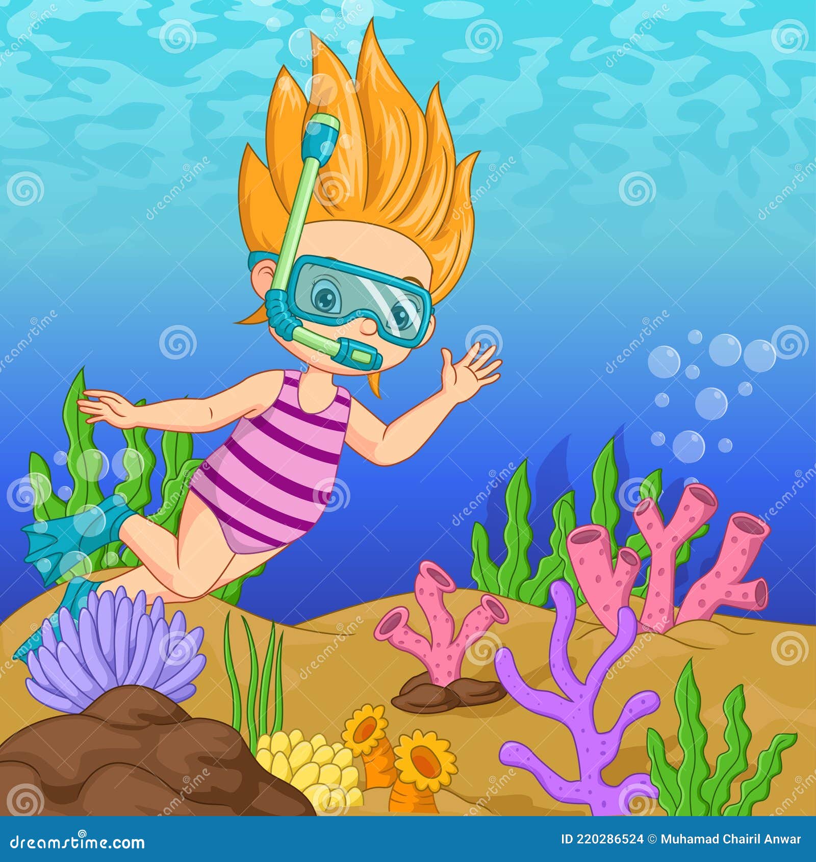 Cartoon Little Girl Wearing Diving Mask Swims Underwater Stock Vector ...