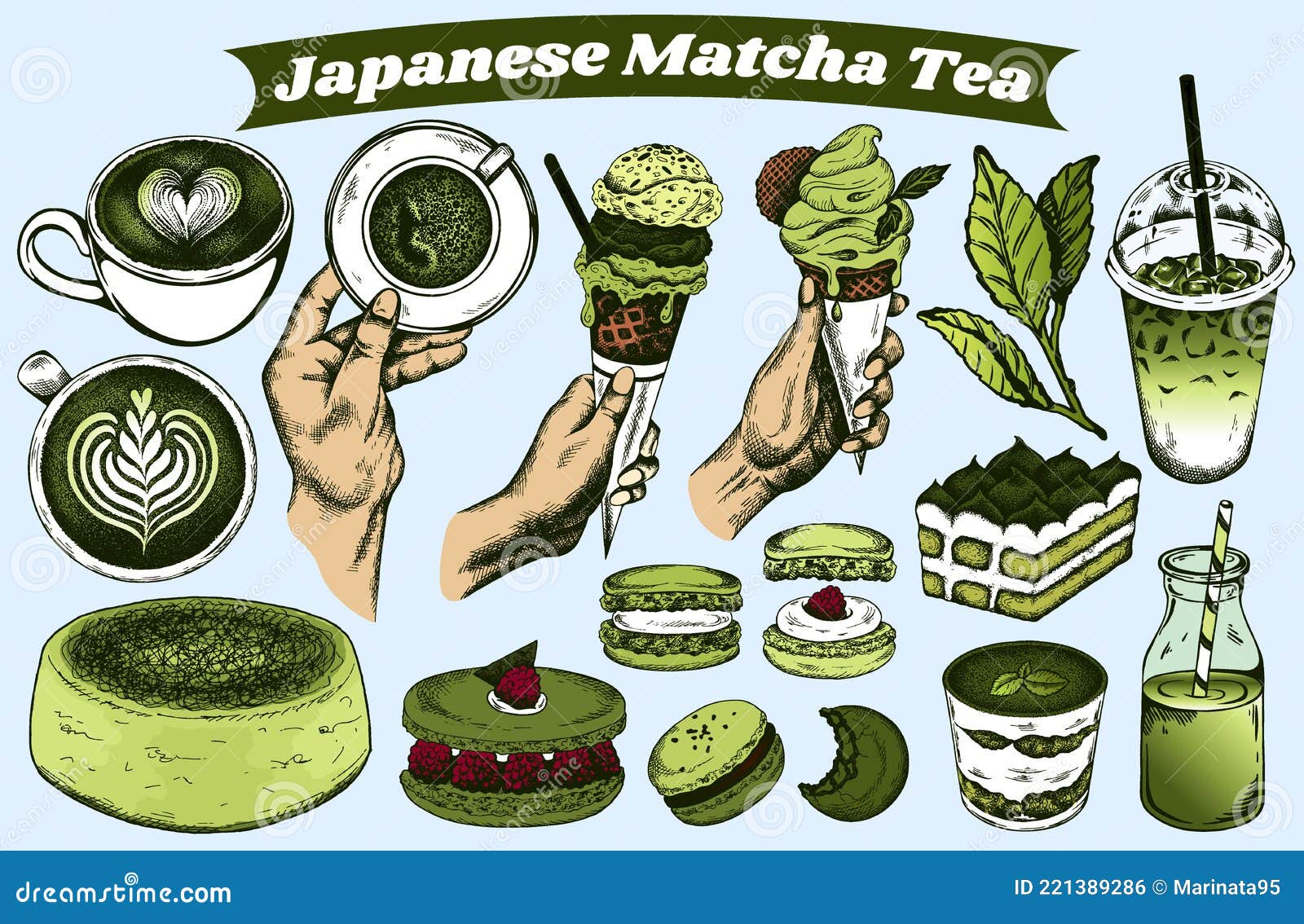 Japanese Matcha Tea Set Food. Sketch Hand Drawn Green Drink, Iced Tea ...