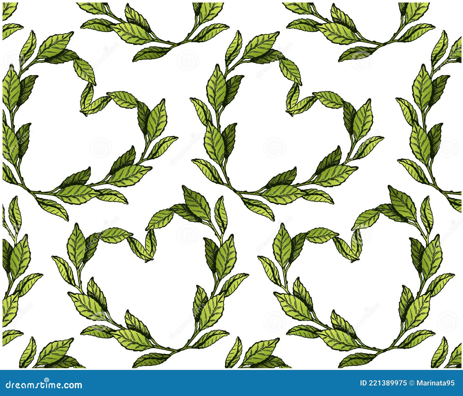 Engraved Pattern of Green Tea Leaves in Heart Shape Isolated on White ...