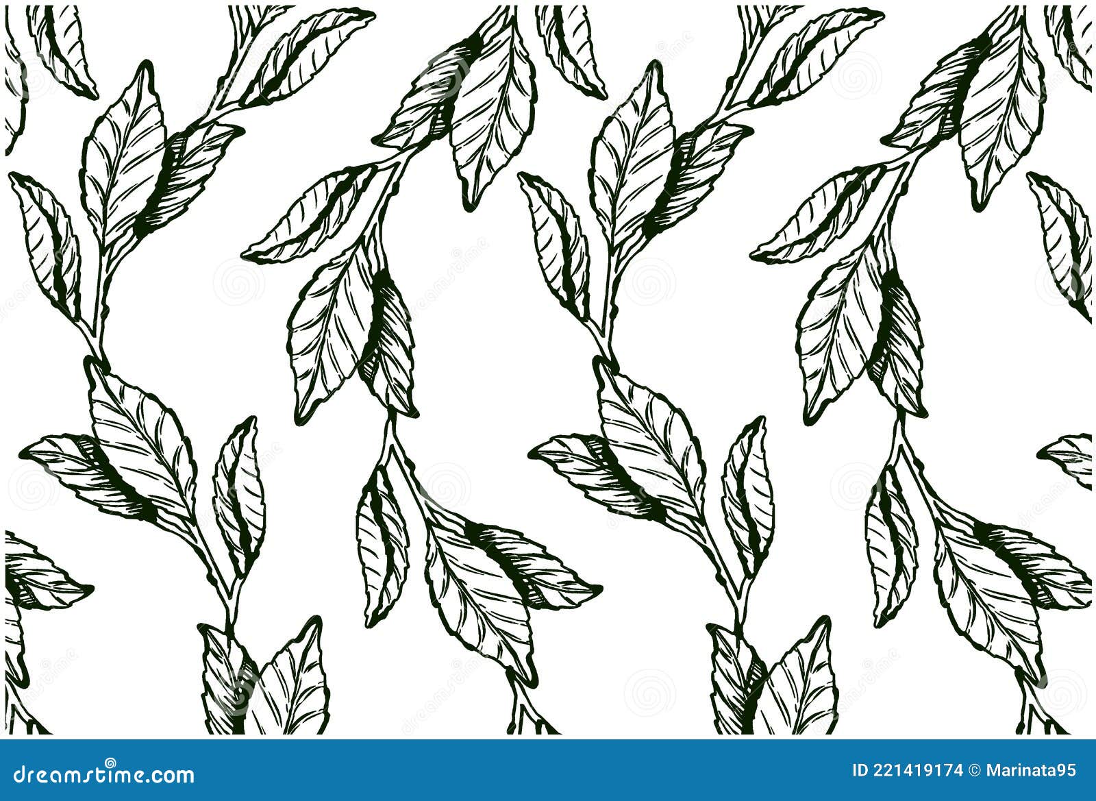 Engraved Tea Leaves Pattern Isolated on White Background. Sketch Hand ...