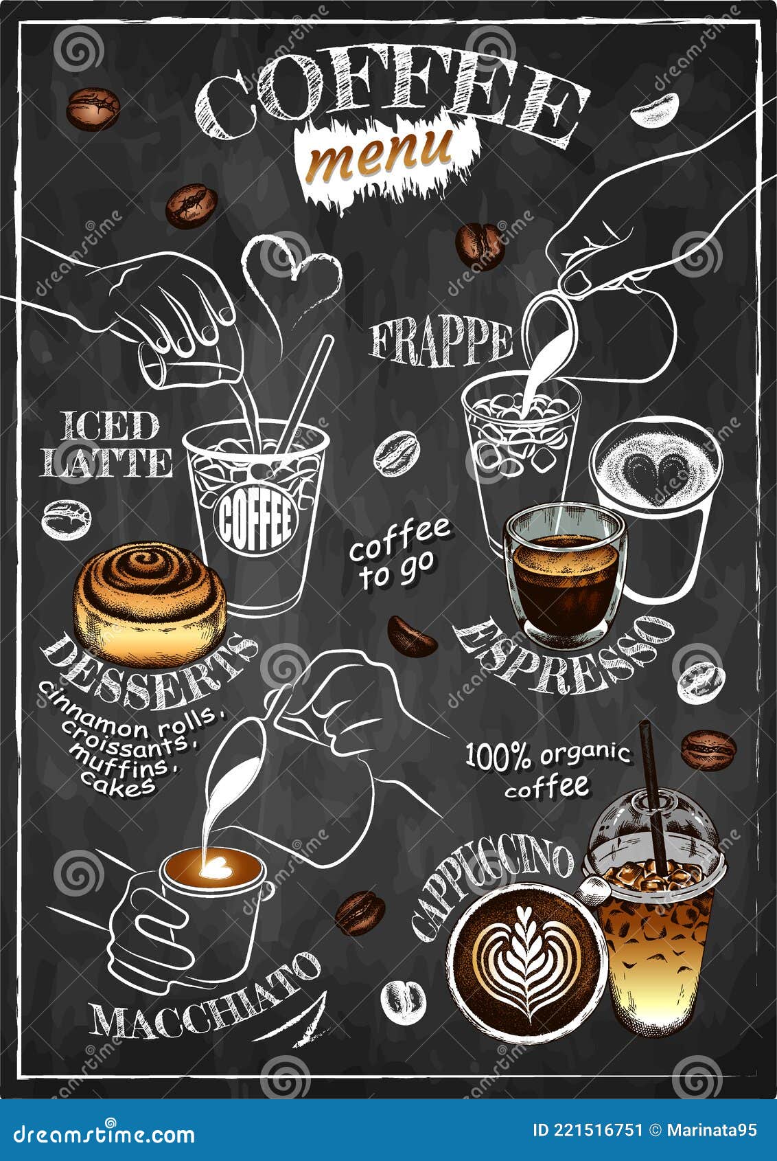 Sketch Hand Drawn Template of Coffee Menu Isolated on Chalkboard. Line ...