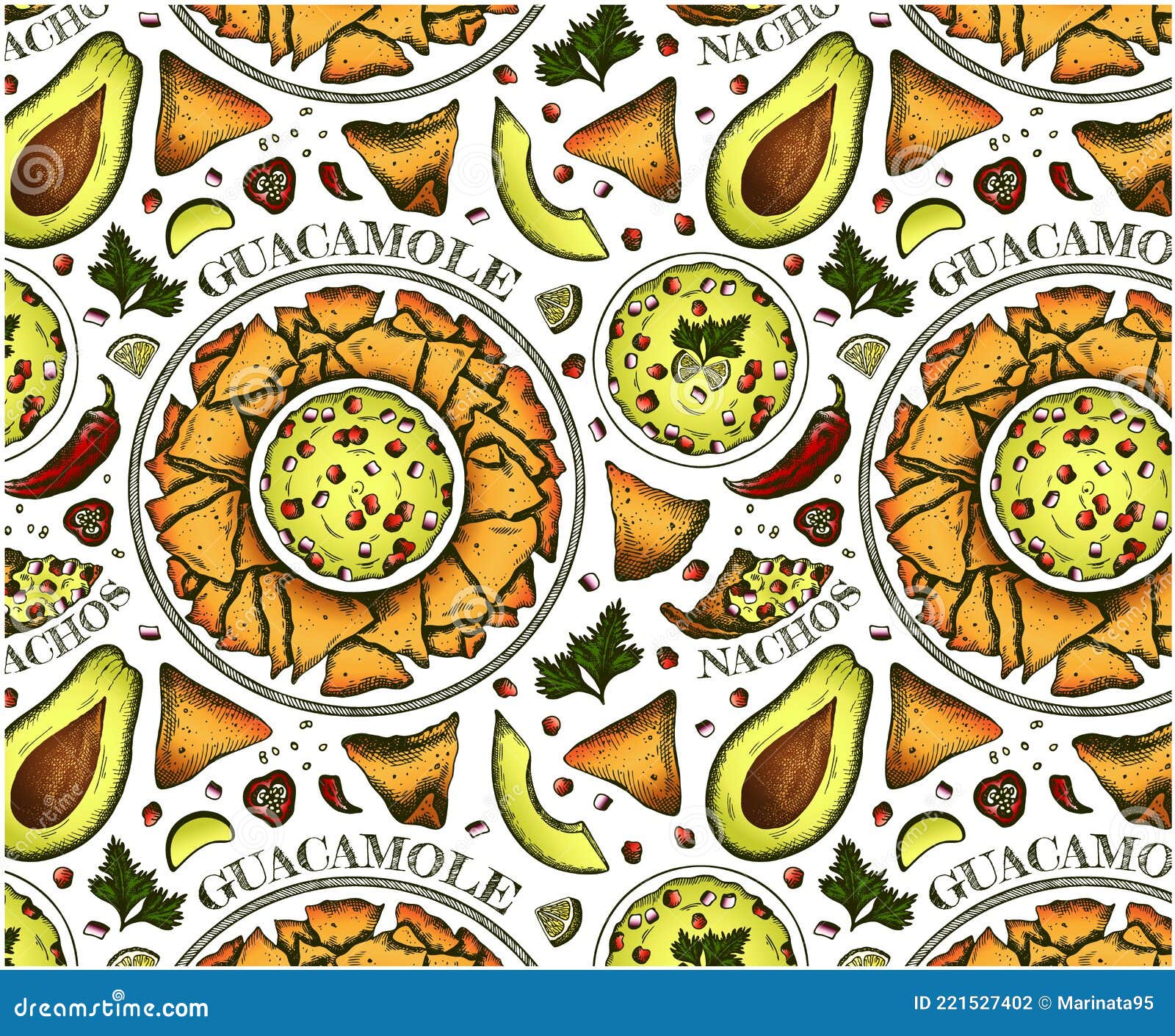 Sketch Drawing Pattern of Colorful Avocado Slices, Guacamole, Nachos ...