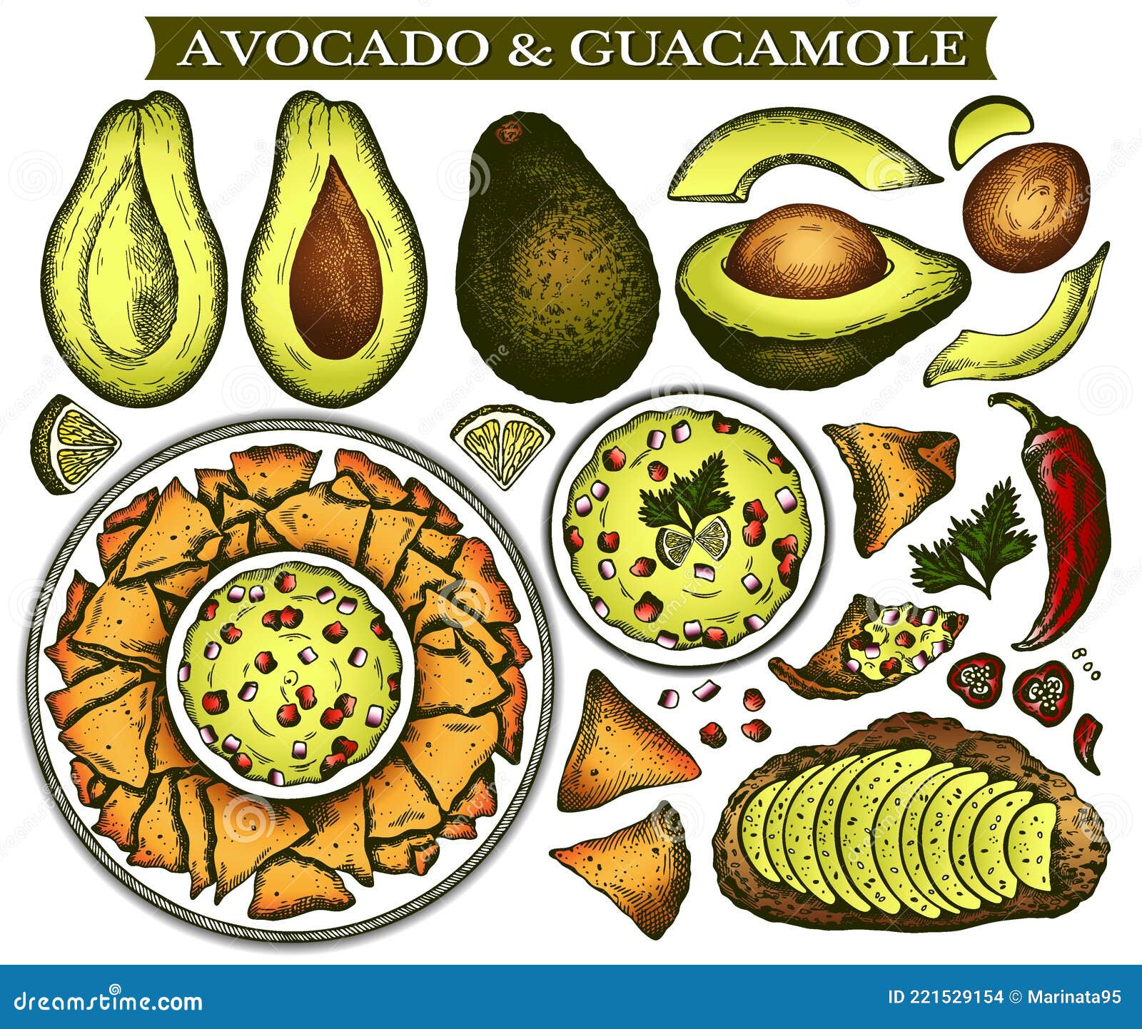 Sketch Drawing Set of Mexican Food with Colorful Avocado, Guacamole ...