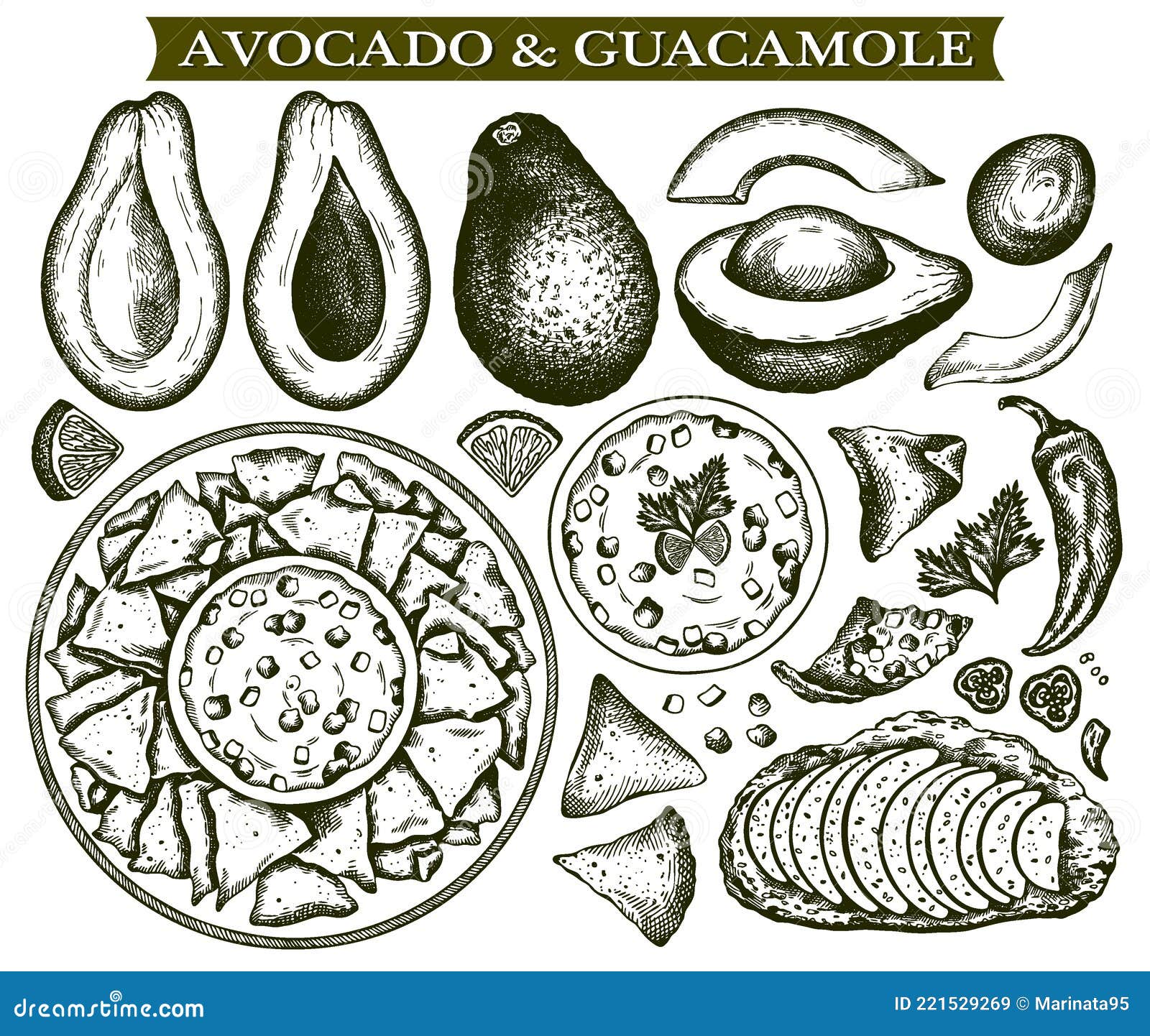 Nachos And Guacamole - Mexican Traditional Food. Fast Food. Hand Drawn ...