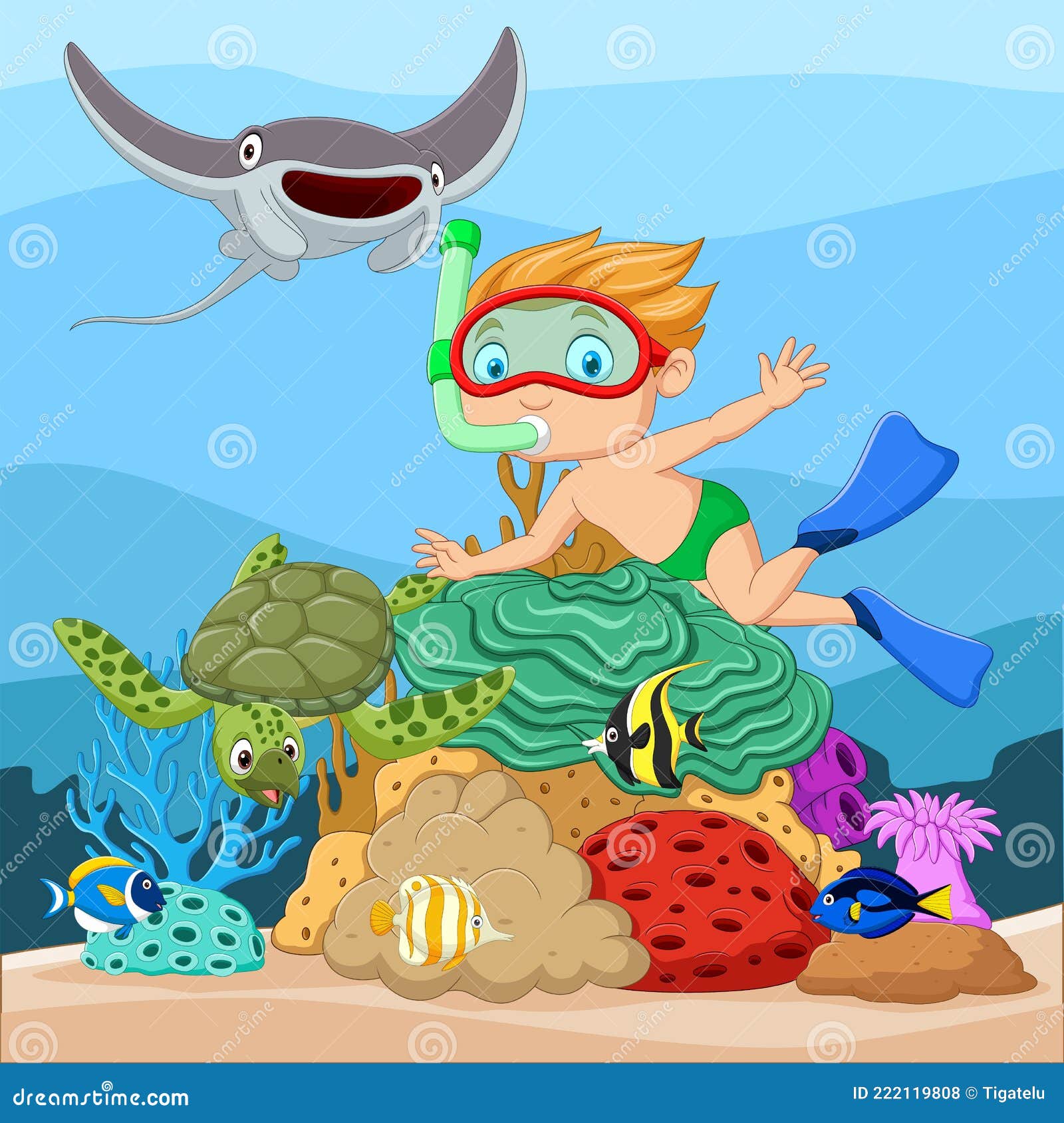 Cartoon Little Boy Diving in Underwater Tropical Sea Stock Vector ...