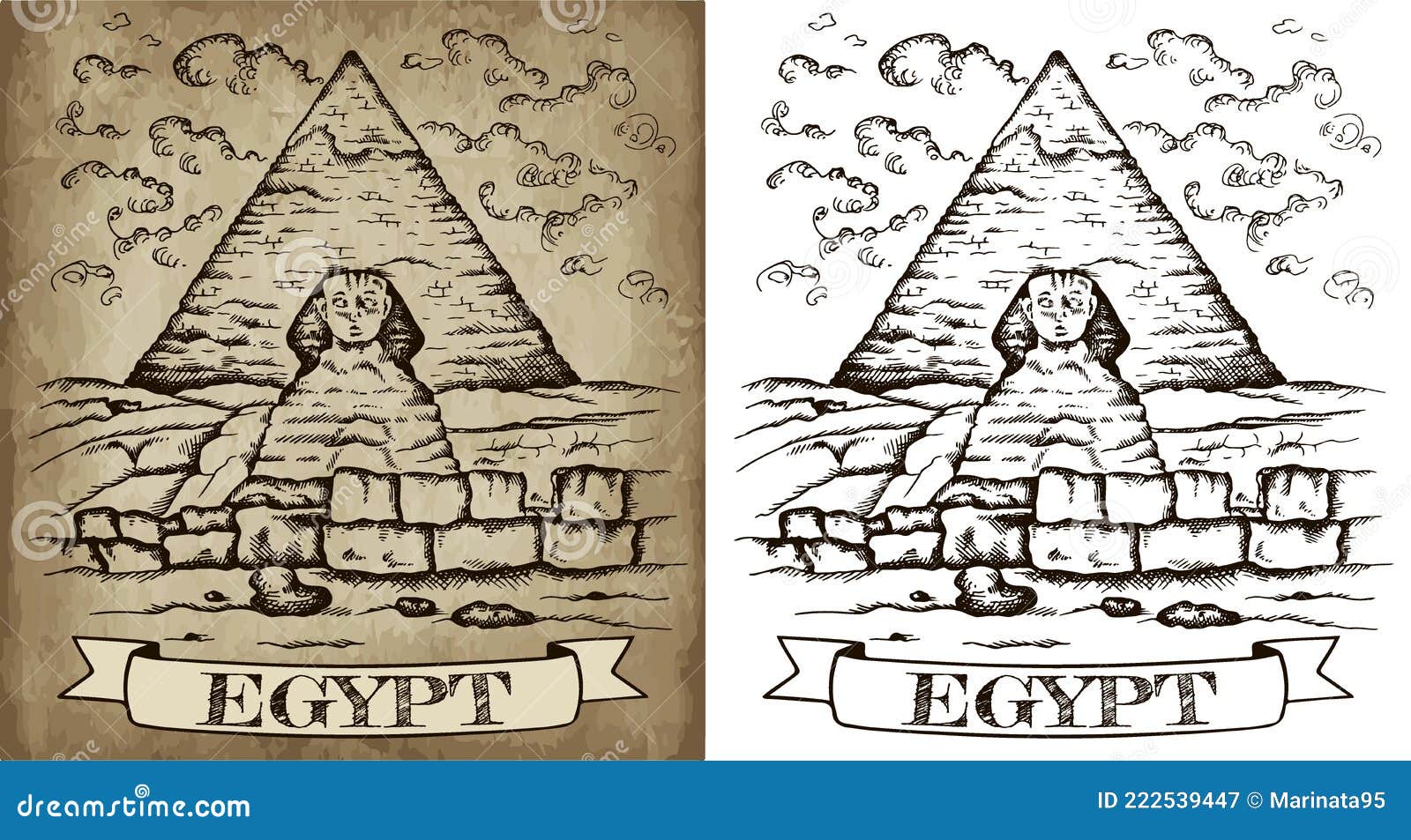 Sketch Drawing Black and White Poster of Egypt. Hand Drawn Great Sphinx ...