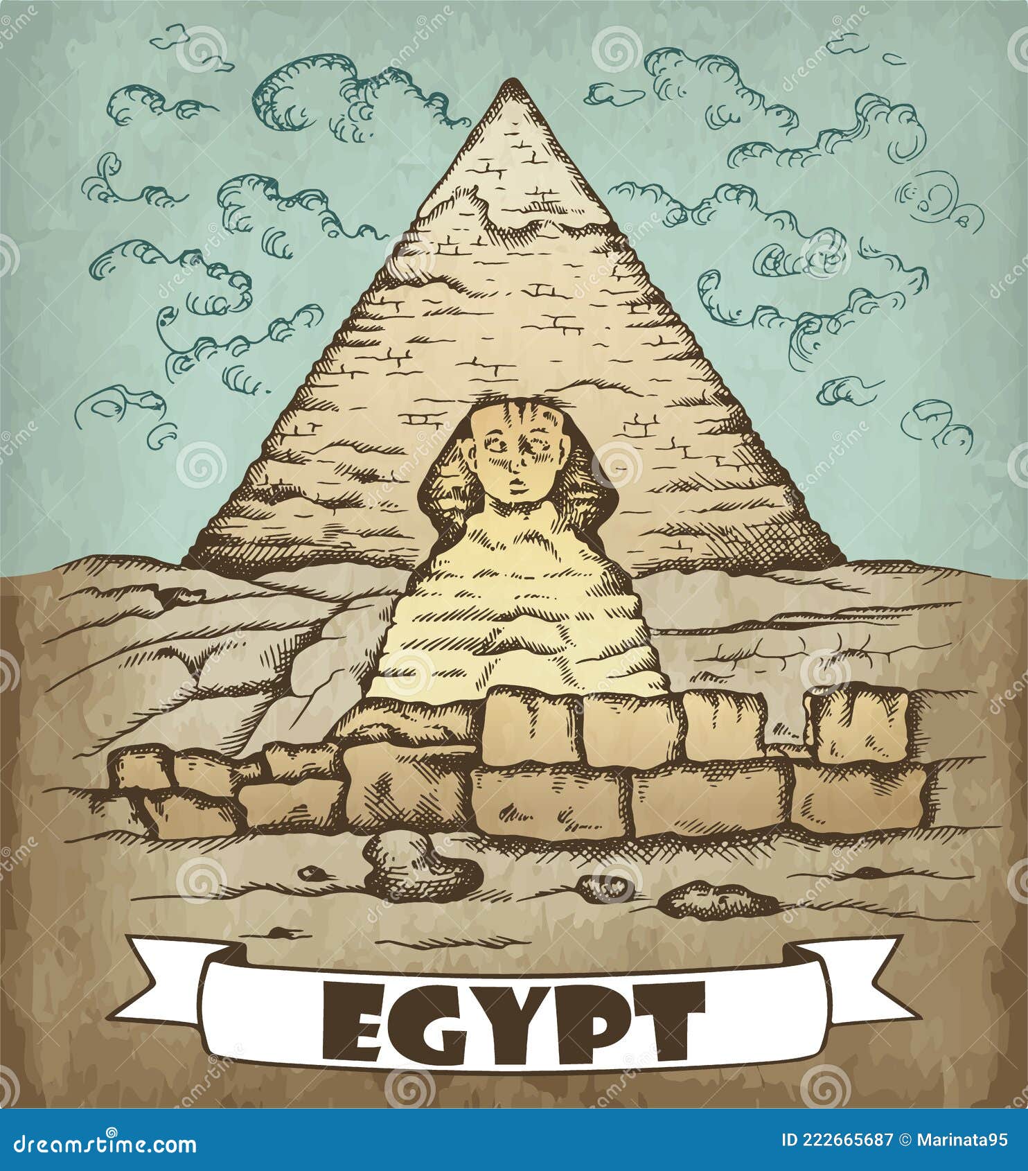 Sketch Hand Drawn Colorful Poster of Egypt. Drawing Great Sphinx of ...