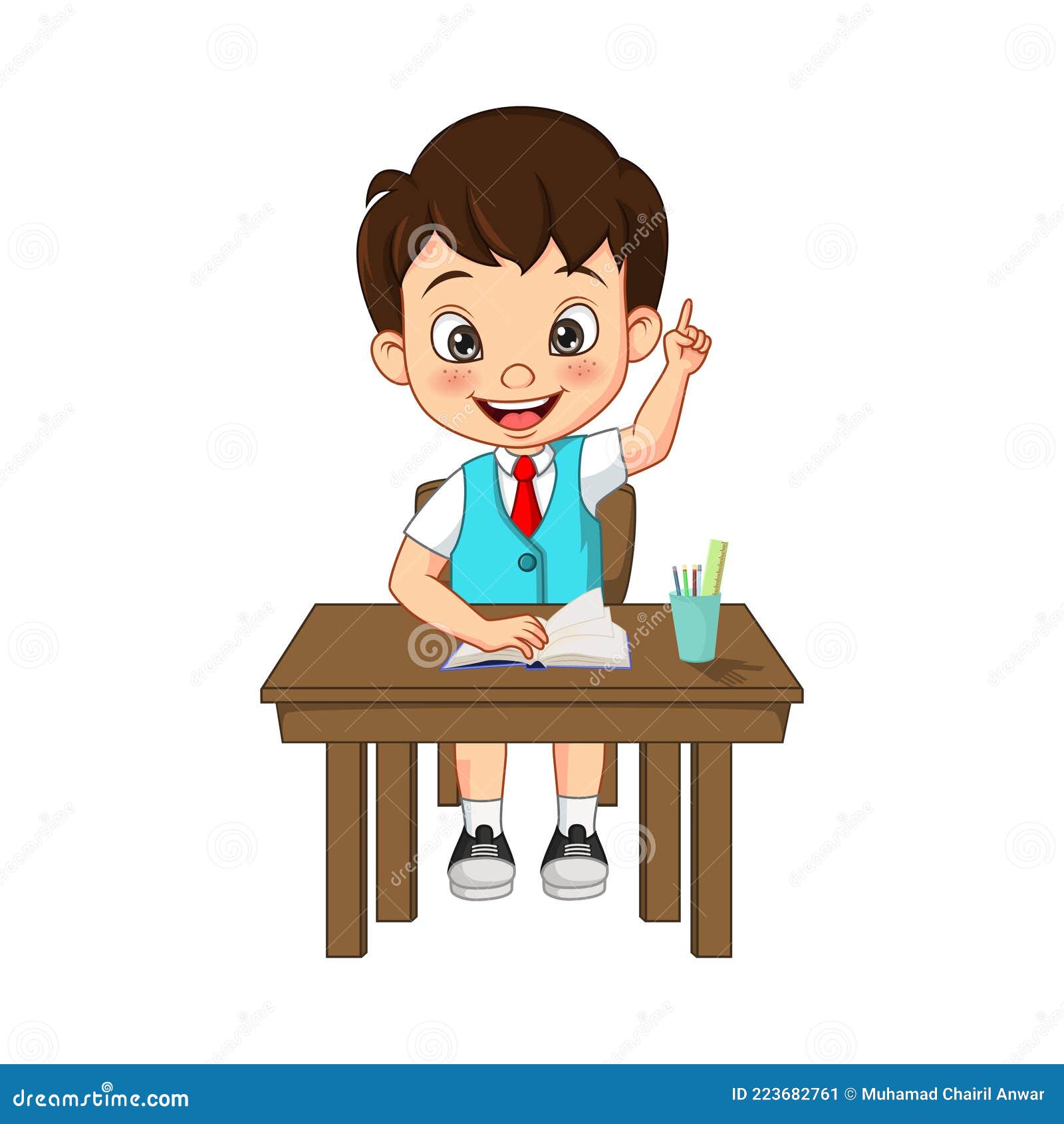 Happy Cute Little Student Boy Raising His Hand Stock Vector ...