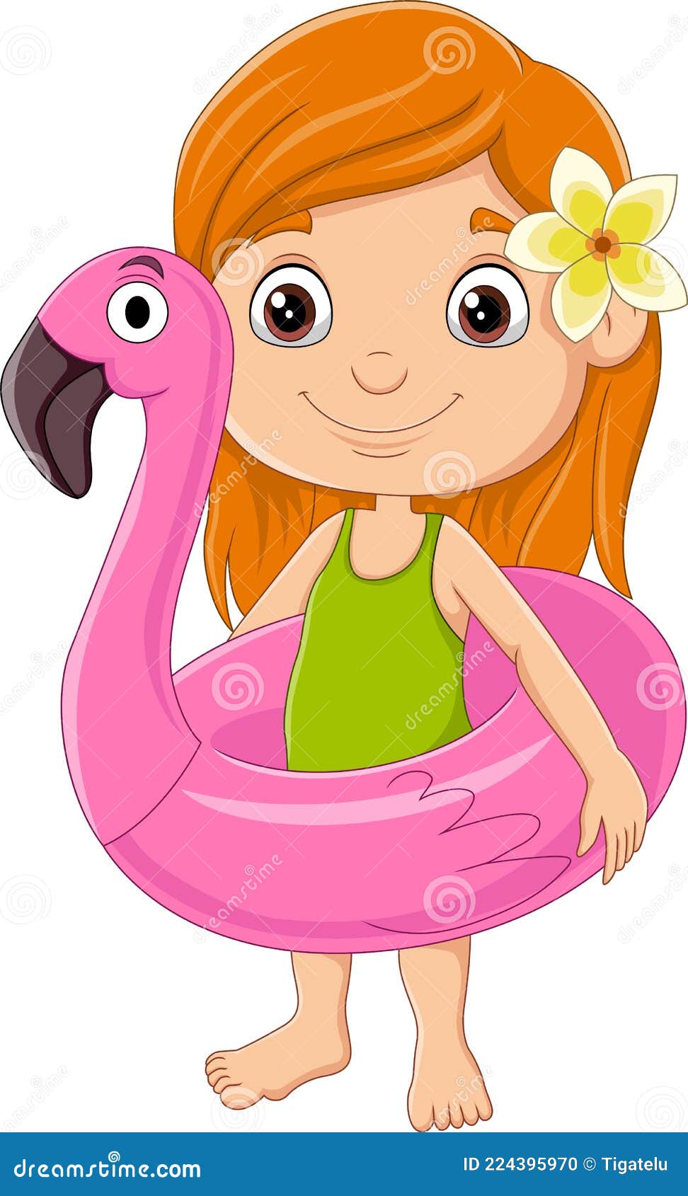 Cartoon Little Girl With Flamingo Inflatable Ring Vector Illustration ...
